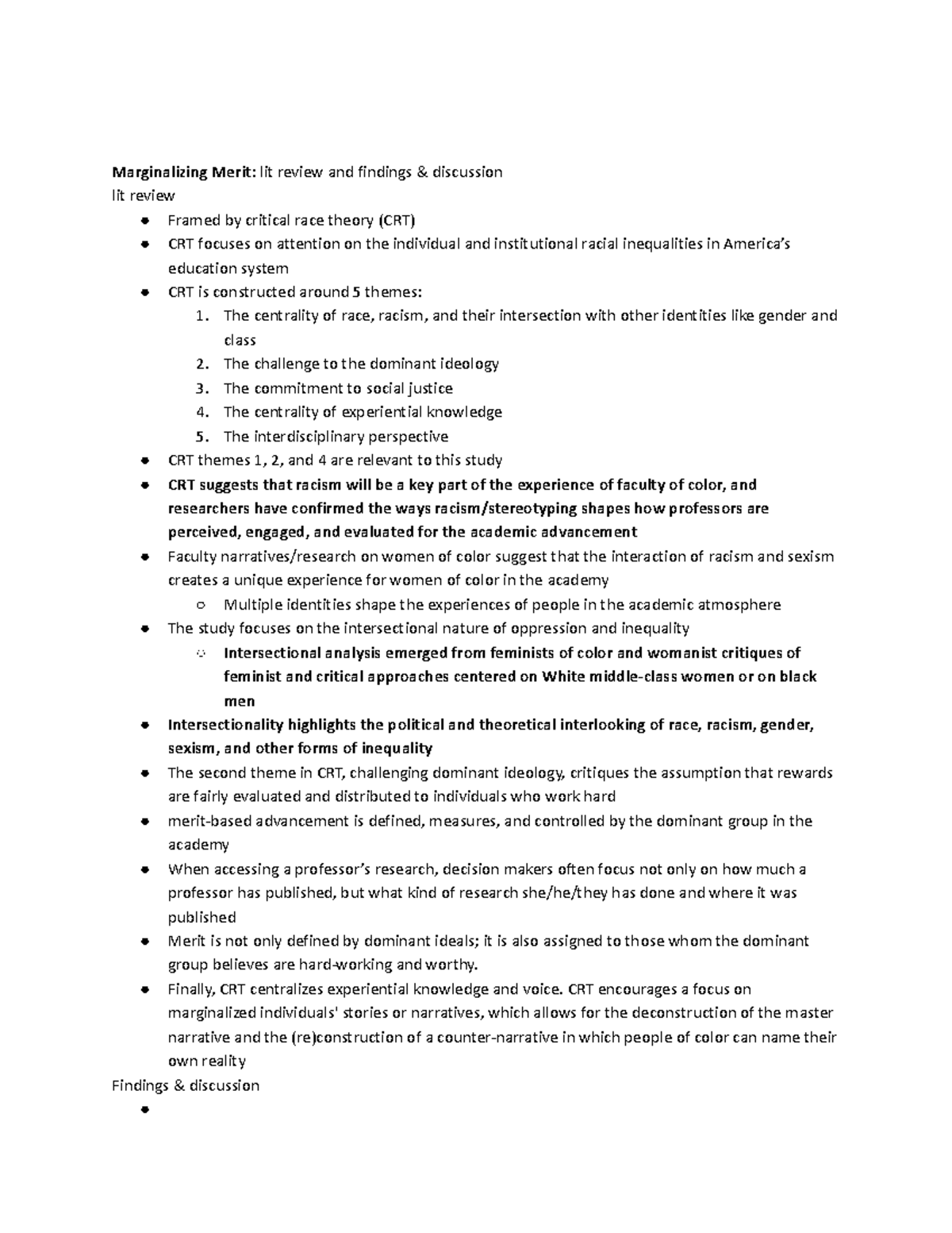 November 7 readings + Class Notes - Marginalizing Merit: lit review and ...