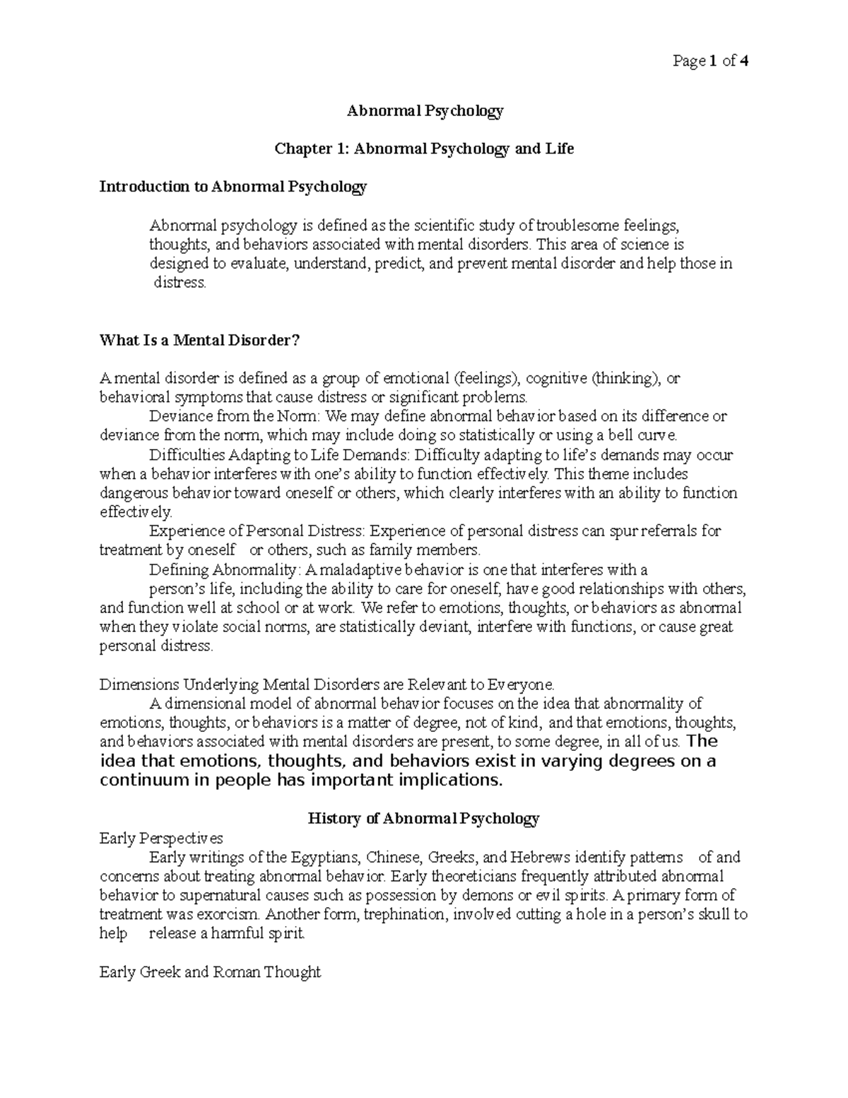 CH 1 Abnormal PSYC Notes - Abnormal Psychology Chapter 1: Abnormal ...