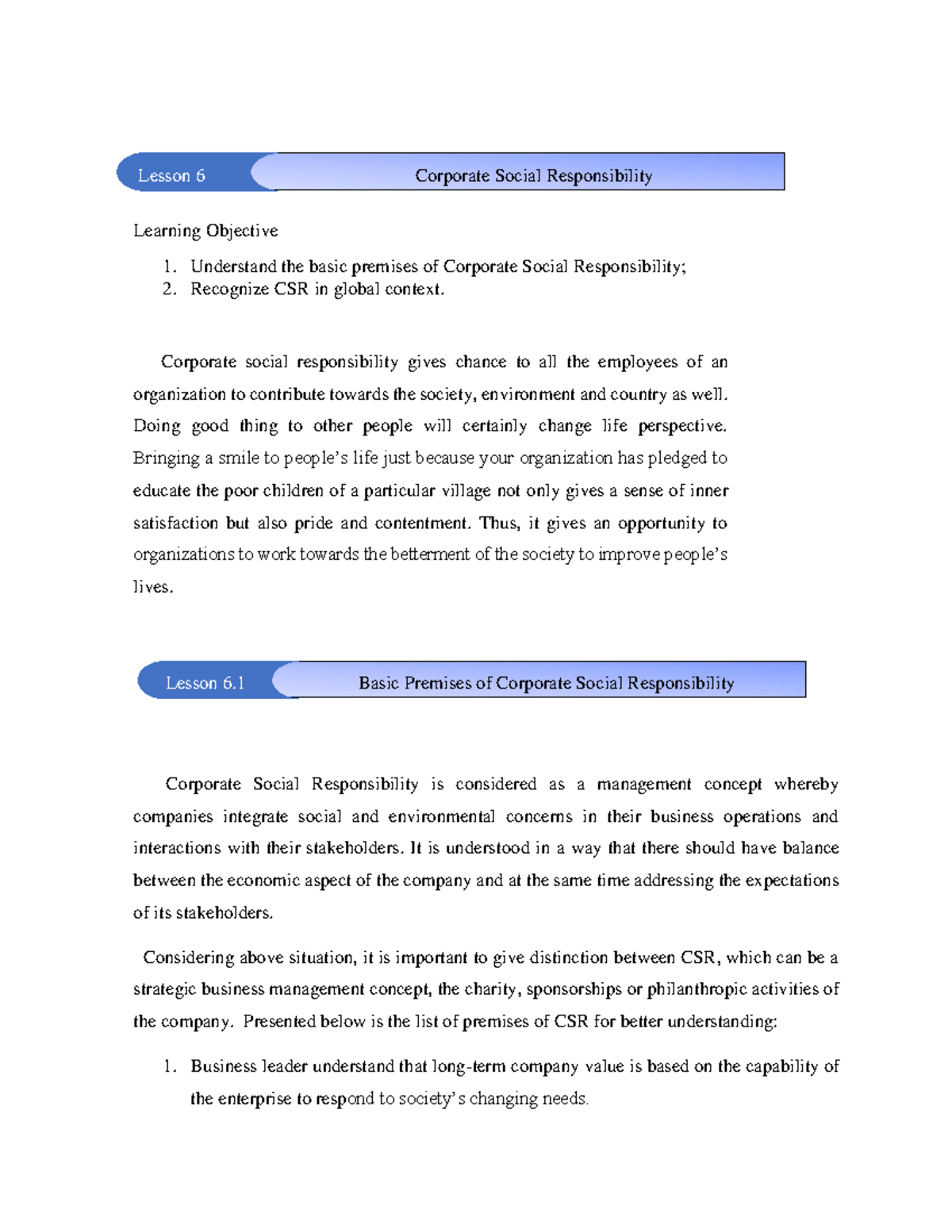 Lesson 6 - management notes - Lesson 6 Corporate Social Responsibility ...