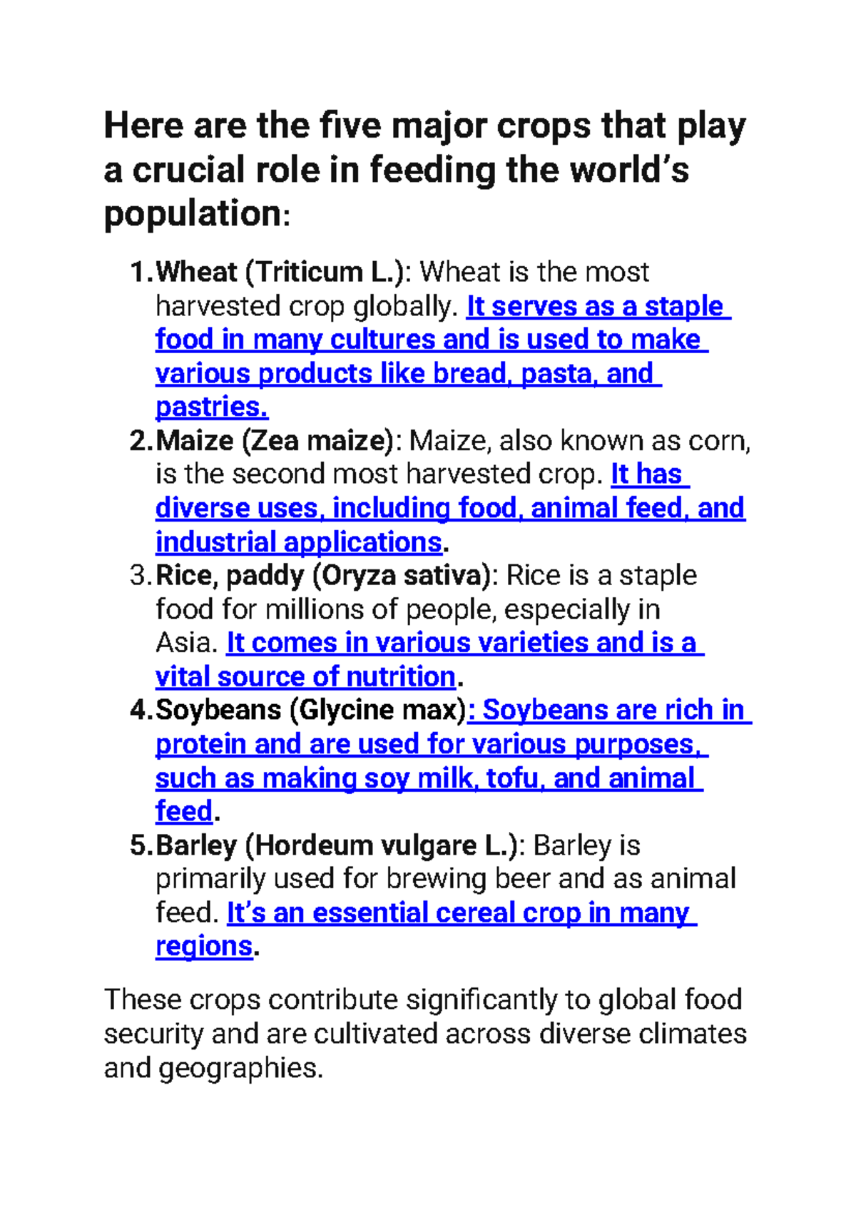 Here are the majour crops - Here are the five major crops that play a ...