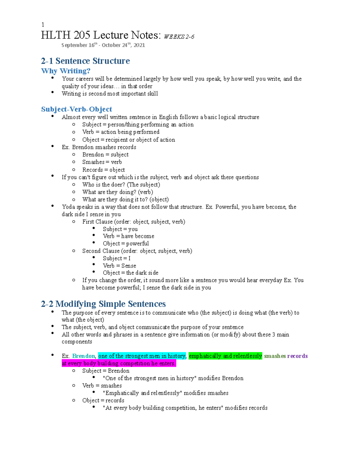 HLTH 252 LEC notes 2-6 - HLTH 205 Lecture Notes: WEEKS 2- September ...