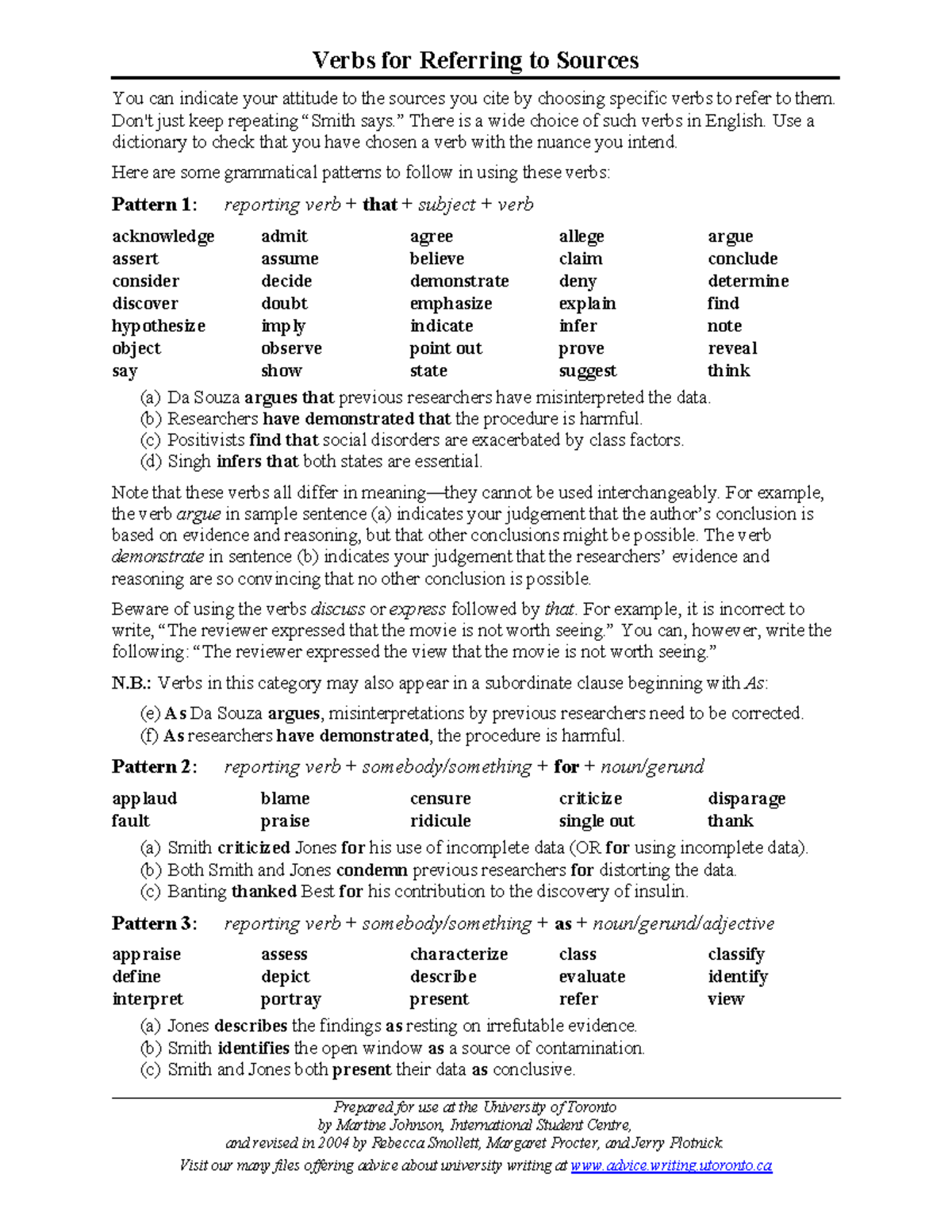 Verbs for Referring to Sources - Don't just keep repeating “Smith says ...