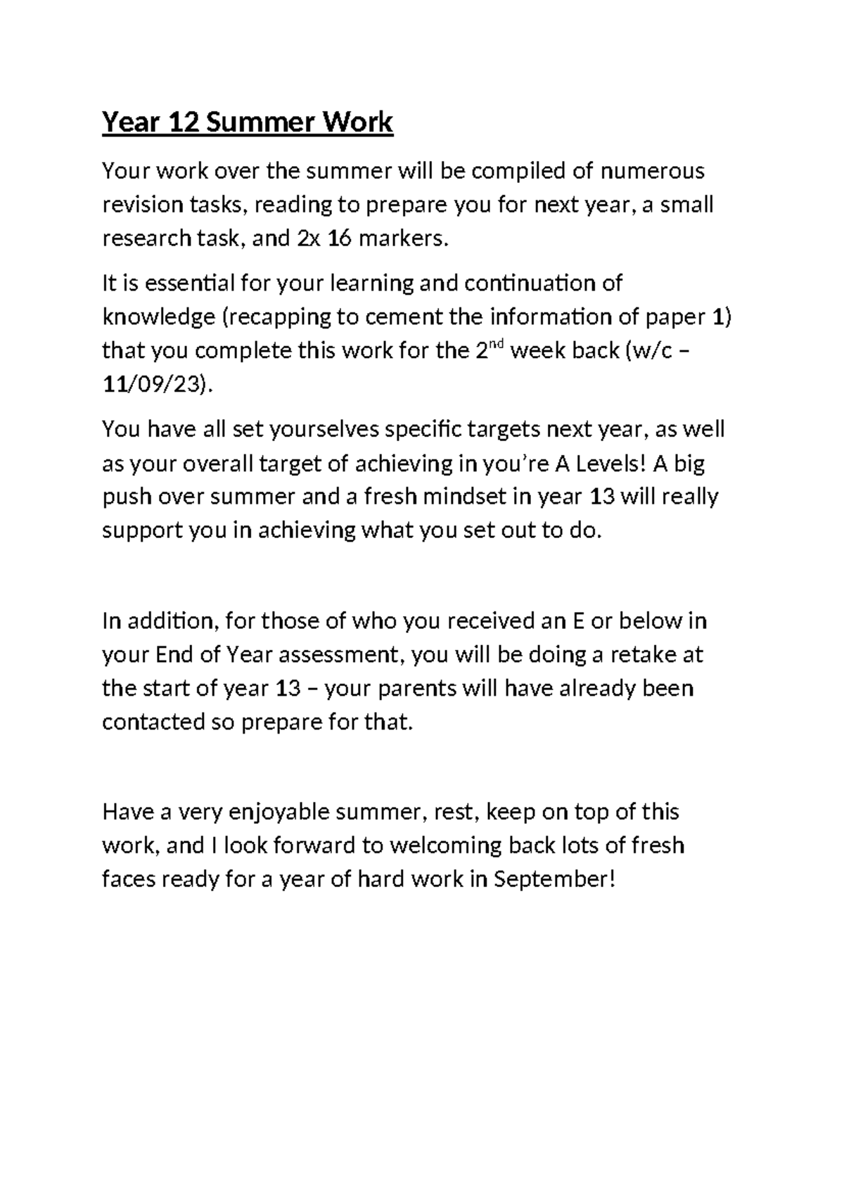 Year 12-13 Summer Work 2024 - Year 12 Summer Work Your work over the ...