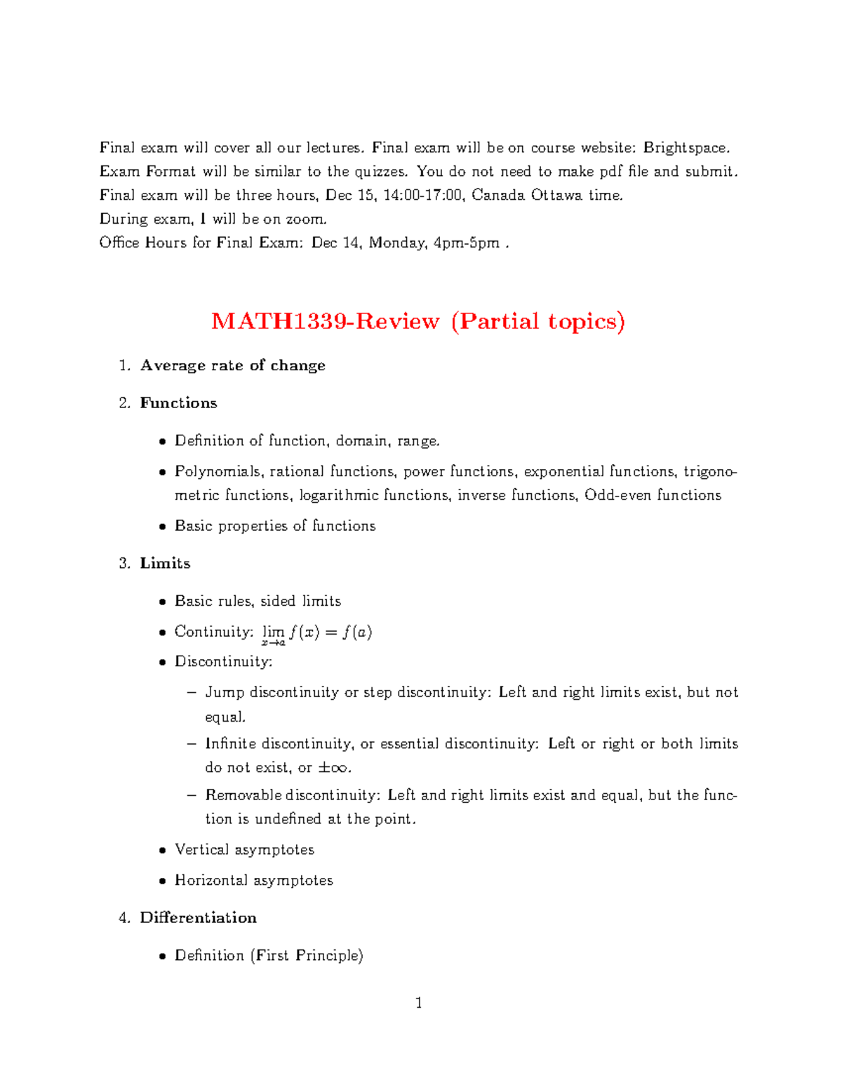 Introduction to Calculus and Vectors MAT1339 Final Exam Review - Final exam will cover all our ...