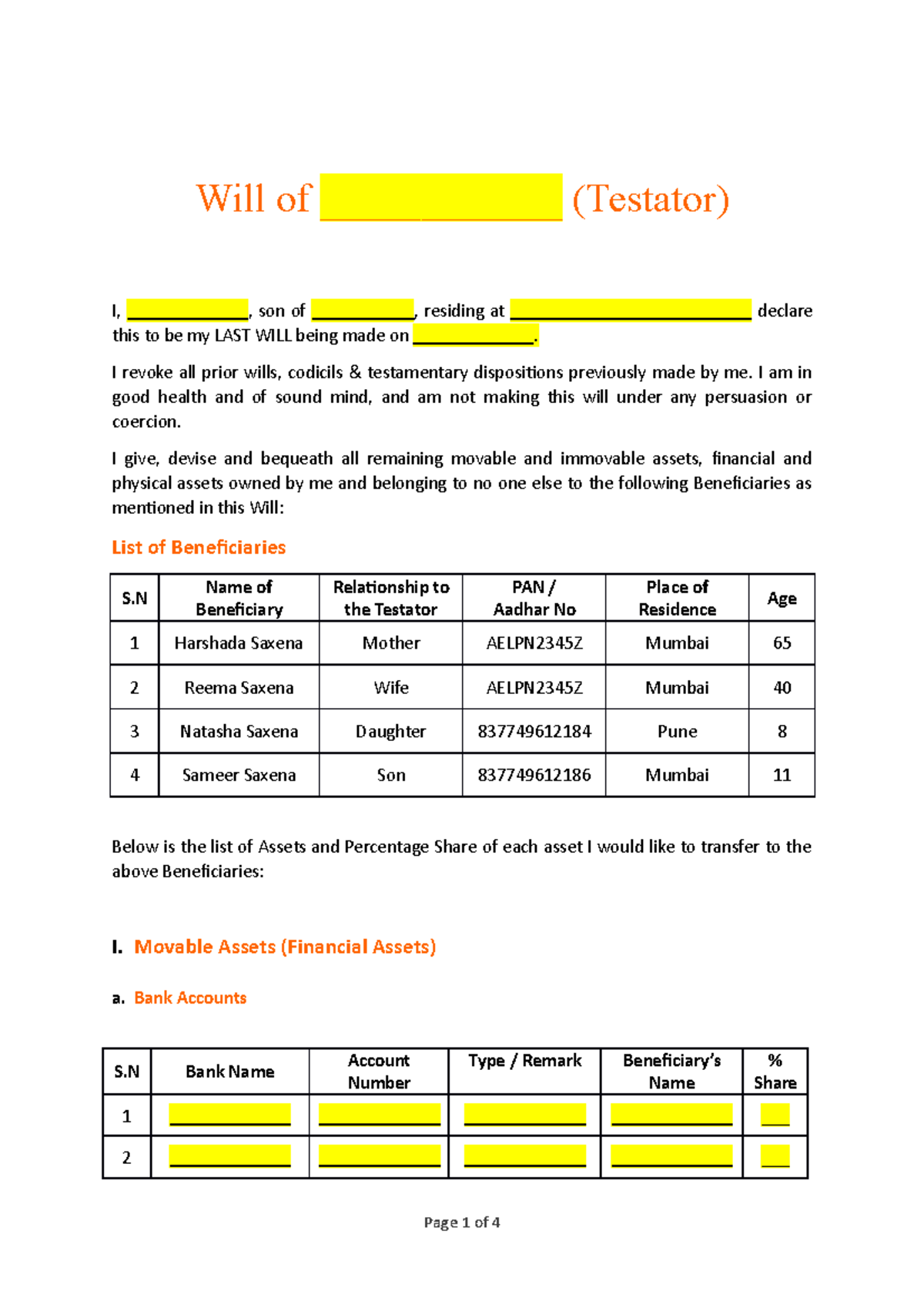 Will FormatFITO - Will of ____________ (Testator) I, _____________, son ...