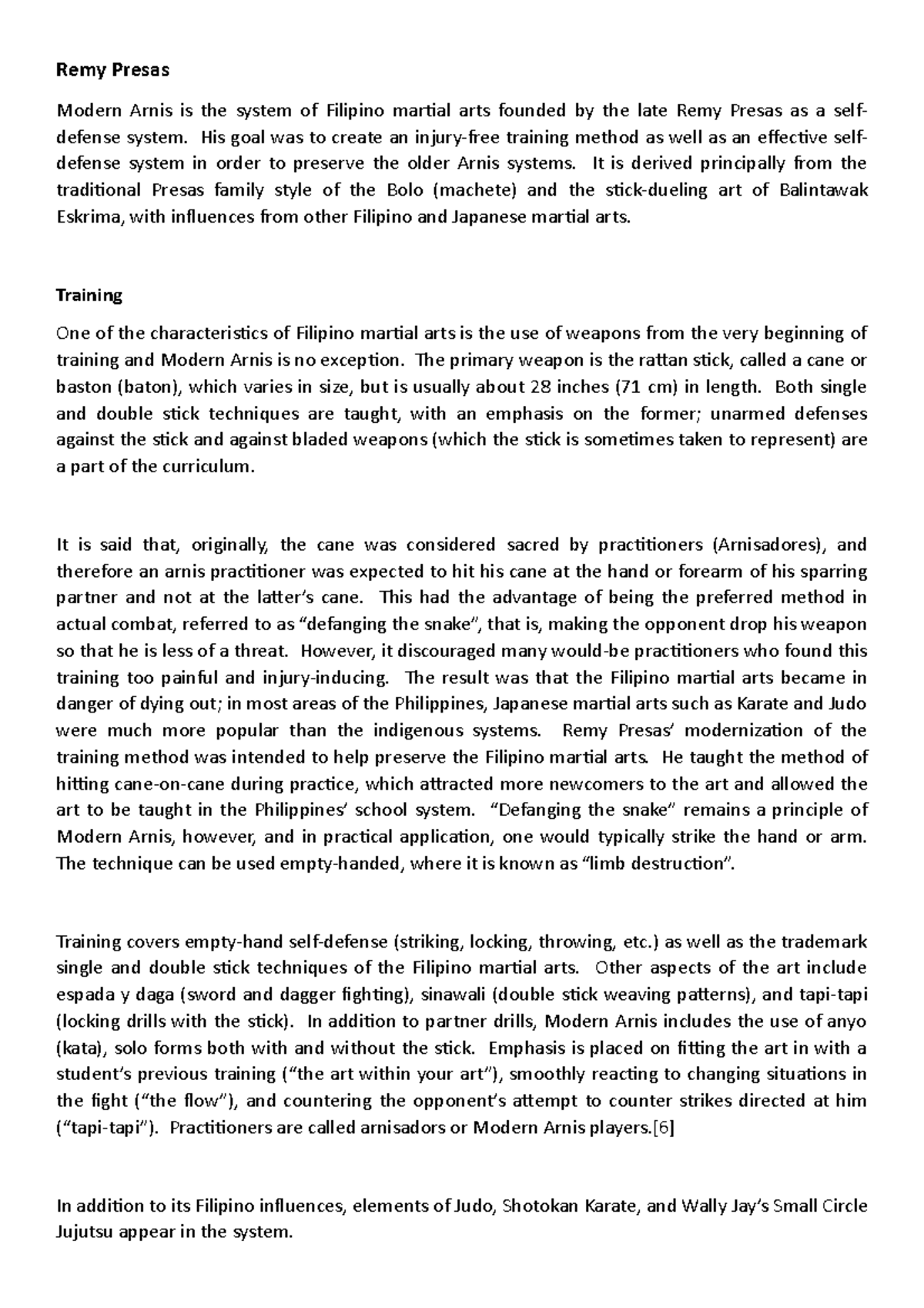 Remy Presas - LECTURE NOTES - Remy Presas Modern Arnis is the system of ...