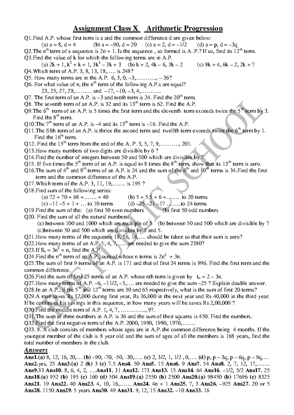 Ch5 arithmetic-progressions-main - Assignment Class X Arithmetic Progression Q1 A. whose first ...