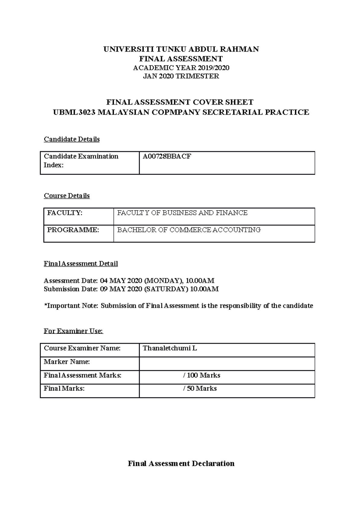 UBML3023 Assignment A00728 Bbacf - UNIVERSITI TUNKU ABDUL RAHMAN FINAL ...