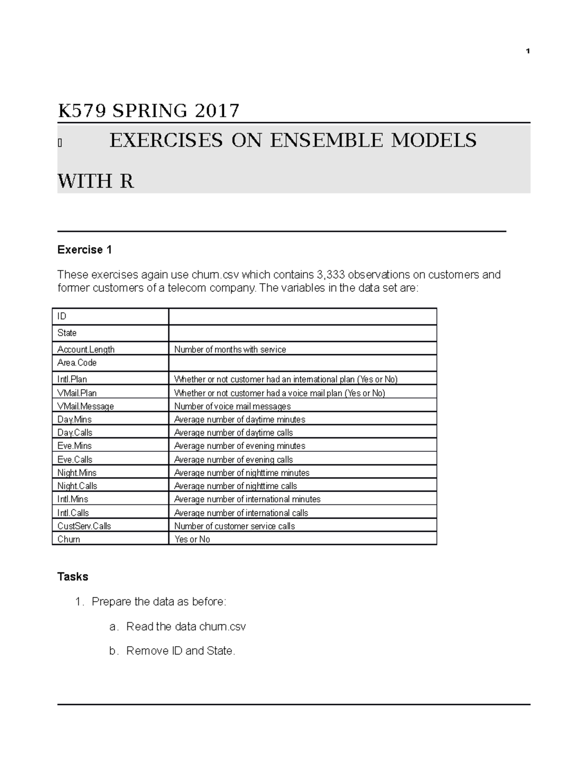 Ensemble Models Exercises - 1 K579 SPRING 2017 EXERCISES ON ENSEMBLE MODELS WITH R Exercise 1 ...