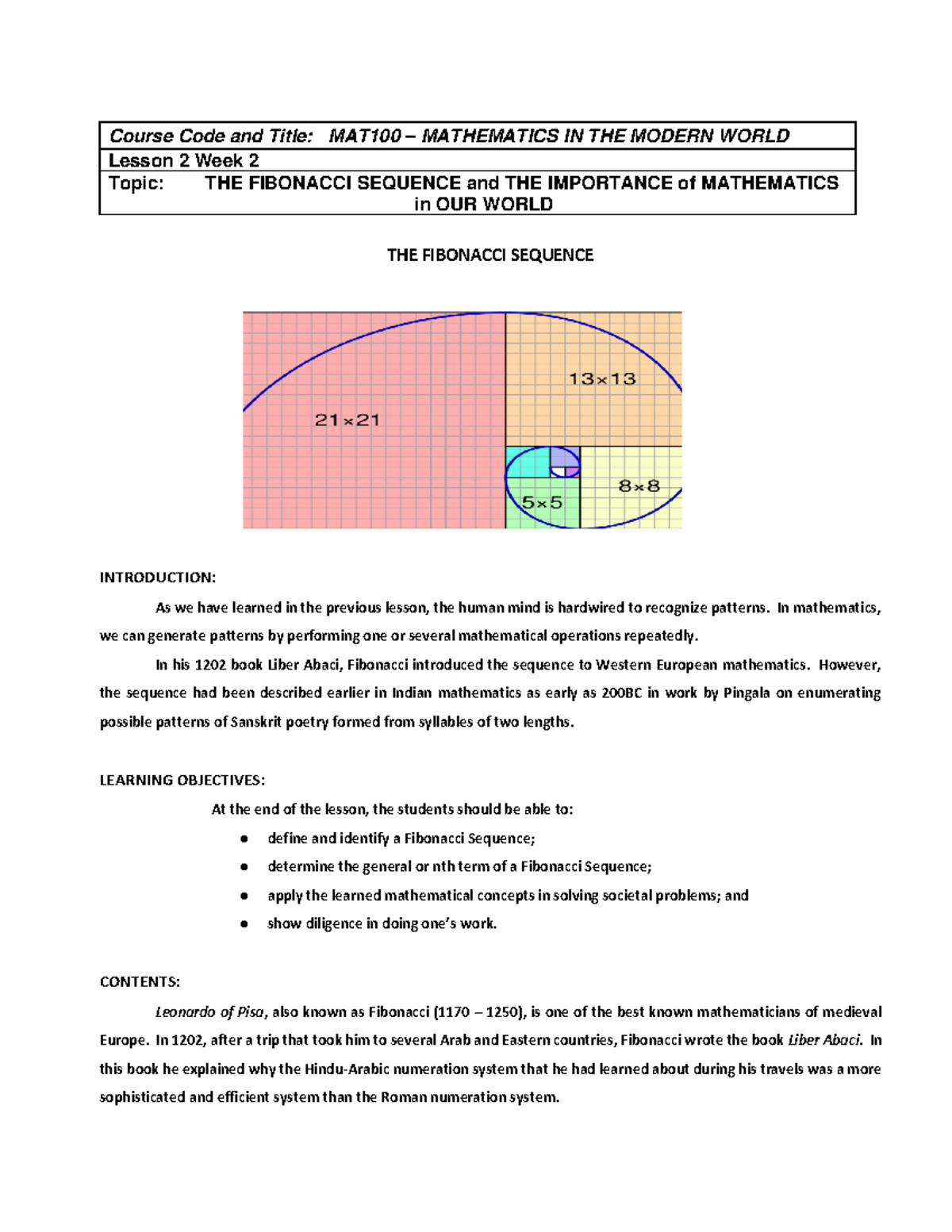 MMW- Lesson-2-WEEK-2-THE- Fibonacci- Sequence - Course Code and Title: MAT100 – MATHEMATICS IN ...