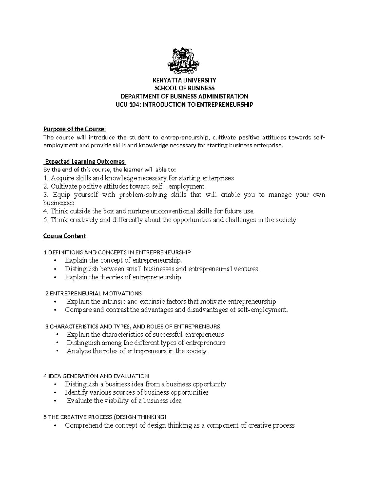 UCU 104 Course Outline-1 - KENYATTA UNIVERSITY SCHOOL OF BUSINESS DEPARTMENT OF BUSINESS - Studocu