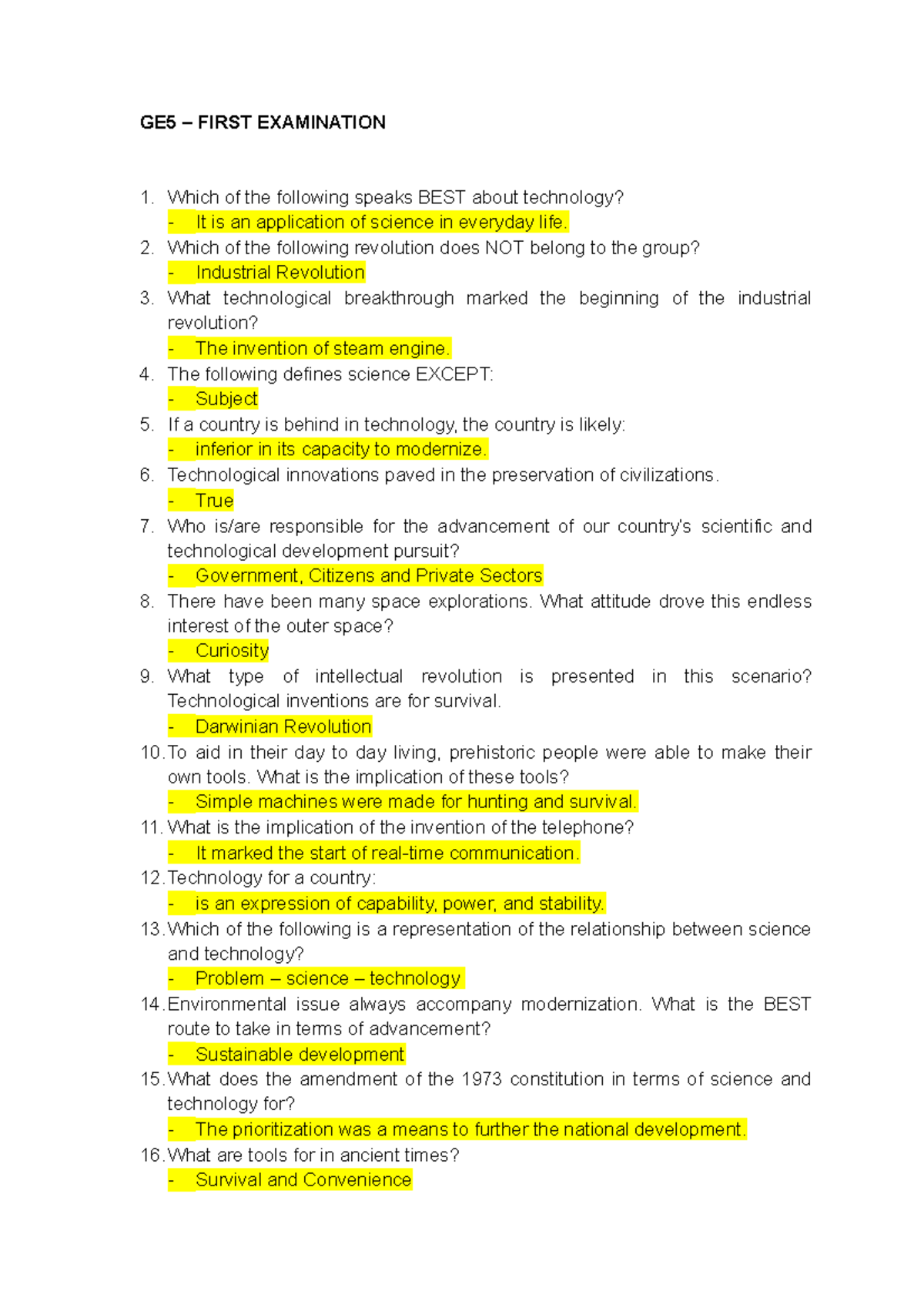 GE5 Exams Answer key - GE5 – FIRST EXAMINATION Which of the following ...