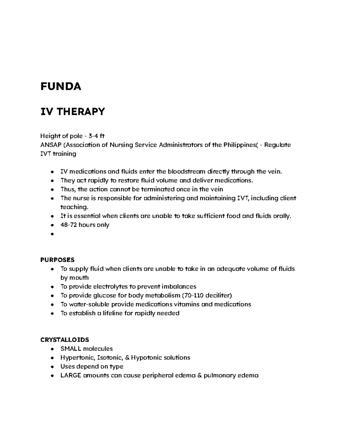 CA1-Prelim-1 - Reviewer - FUNDA IV THERAPY Height of pole - 3-4 ft ...