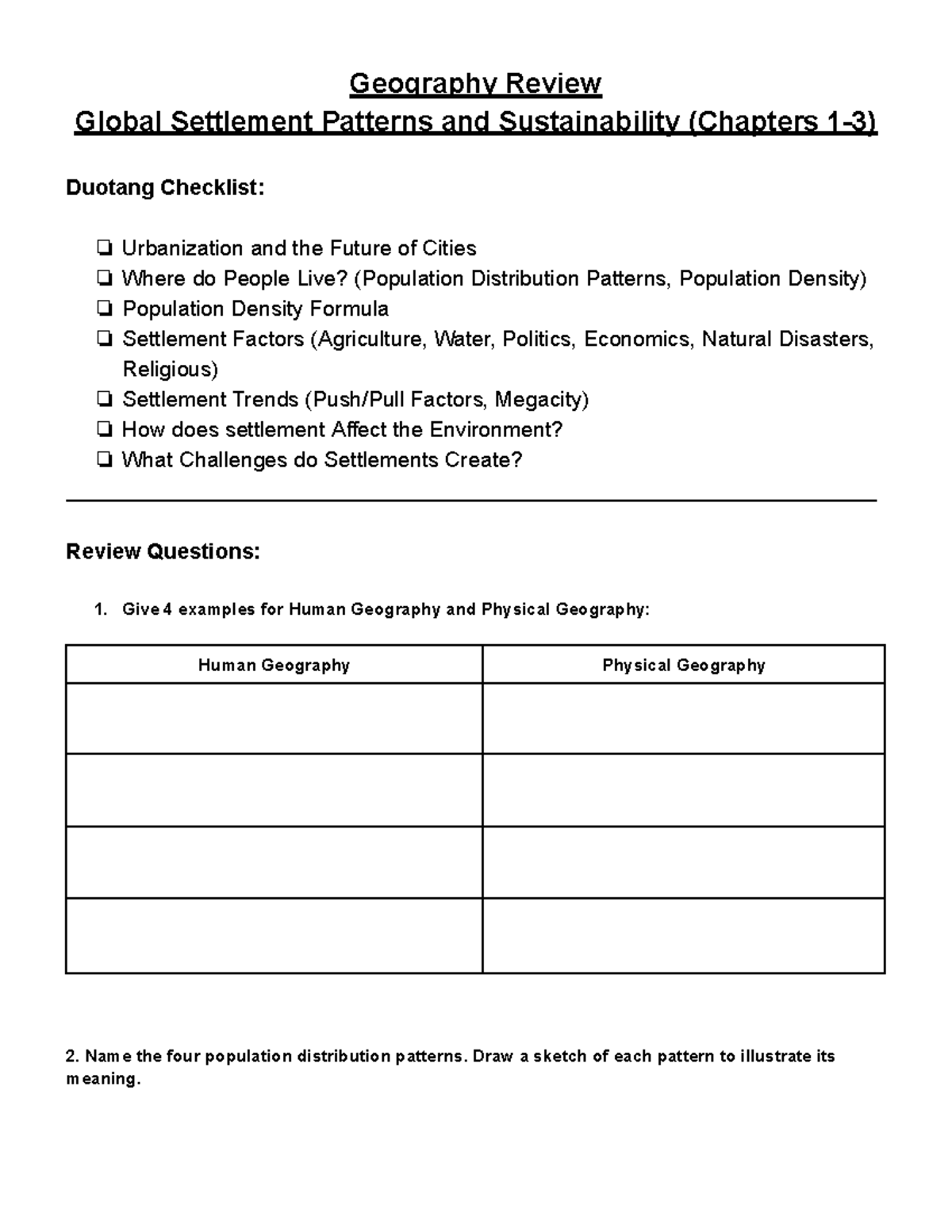 Geography Chapter 1-4 Exam Review - Geography Review Global Settlement ...