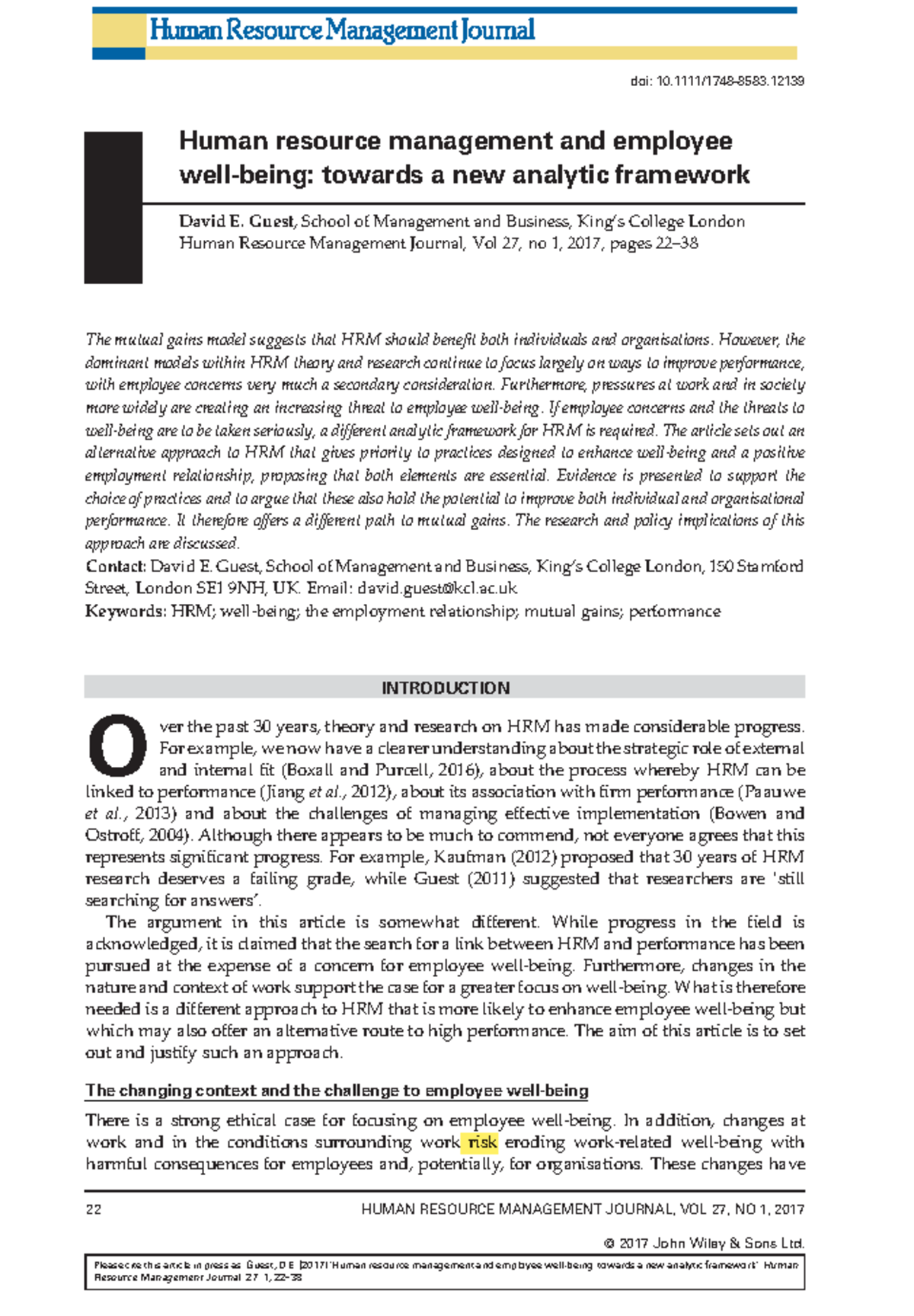 Human Res Mgmt Journal - 2017 - Guest - Human resource management and ...