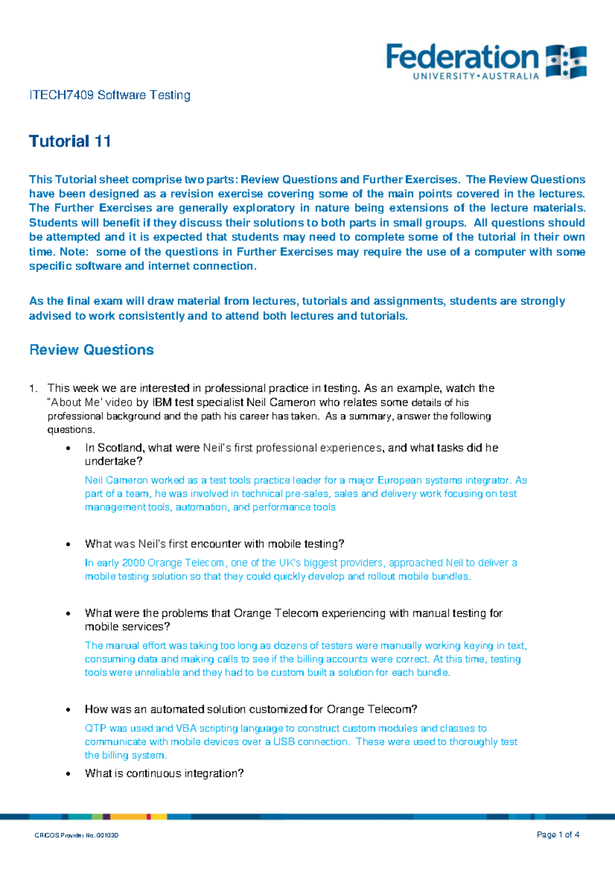 ITECH7409 Tutorials 11 Answers - ITECH7409 - Fed Uni - Studocu