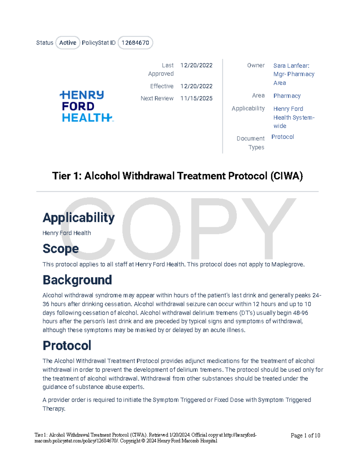 CIWA Policy - COPY Status Active PolicyStat ID 12684670 Last Approved ...