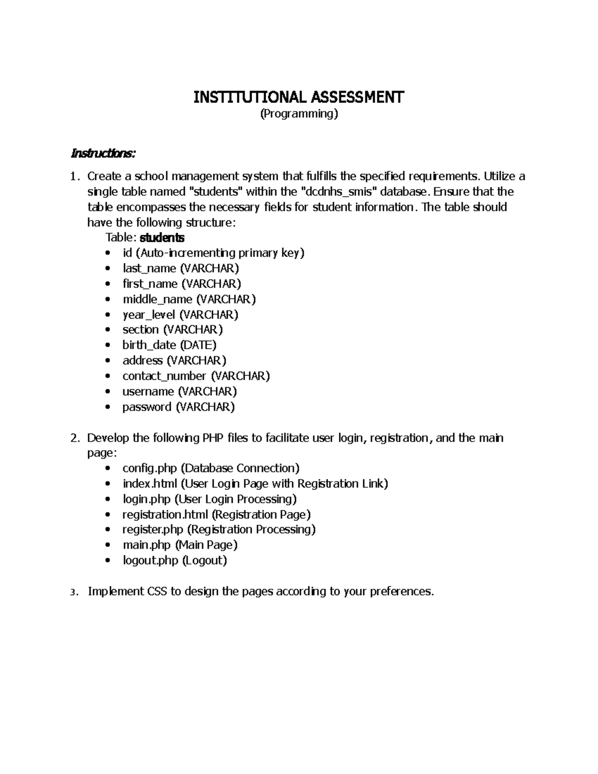 Institutional Assessment - INSTITUTIONAL ASSESSMENT (Programming ...