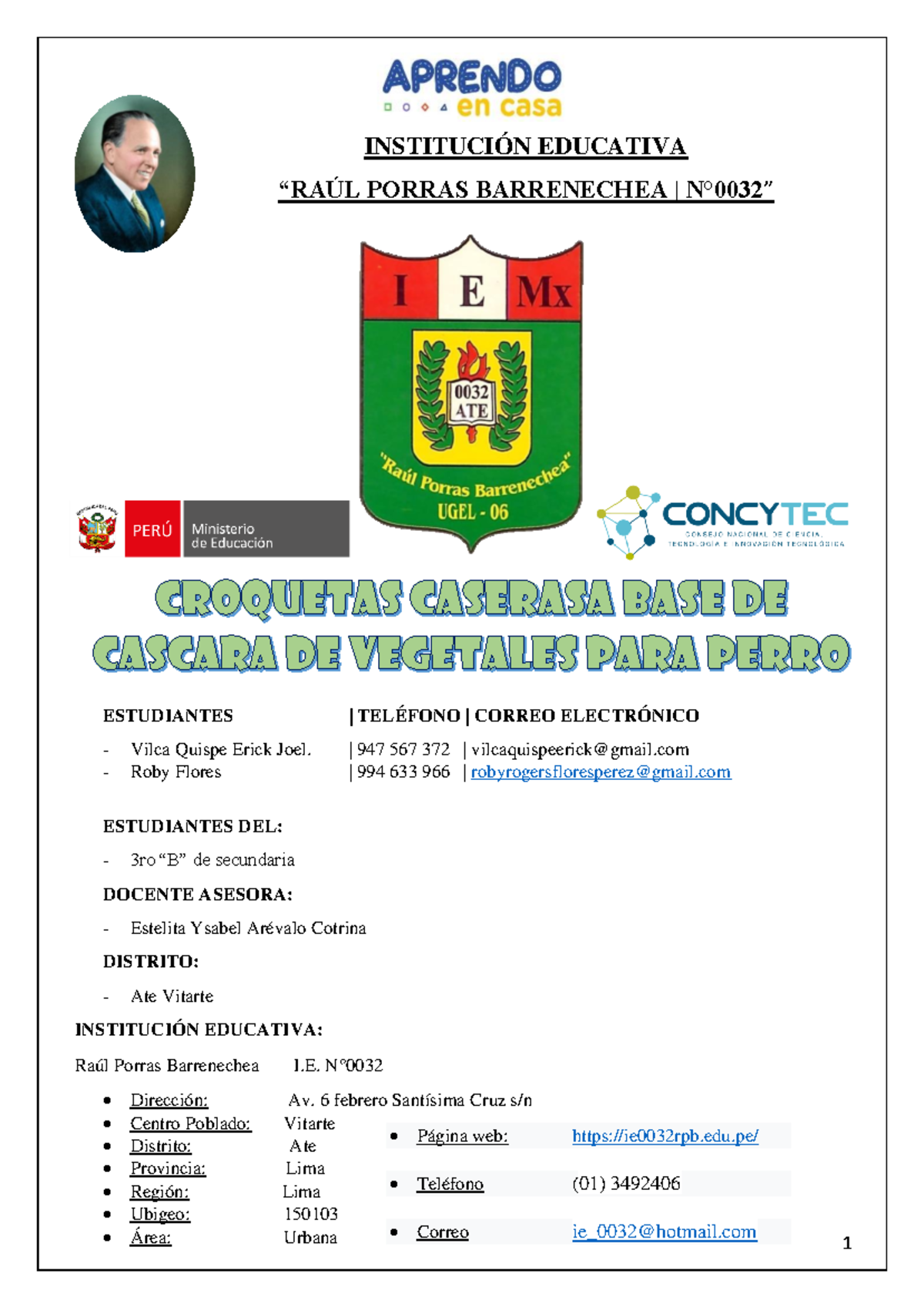 Formulario DE Presentación DEL Resumen DEL Proyecto 3RO B DE Secundaria - INSTITUCIÓN EDUCATIVA ...