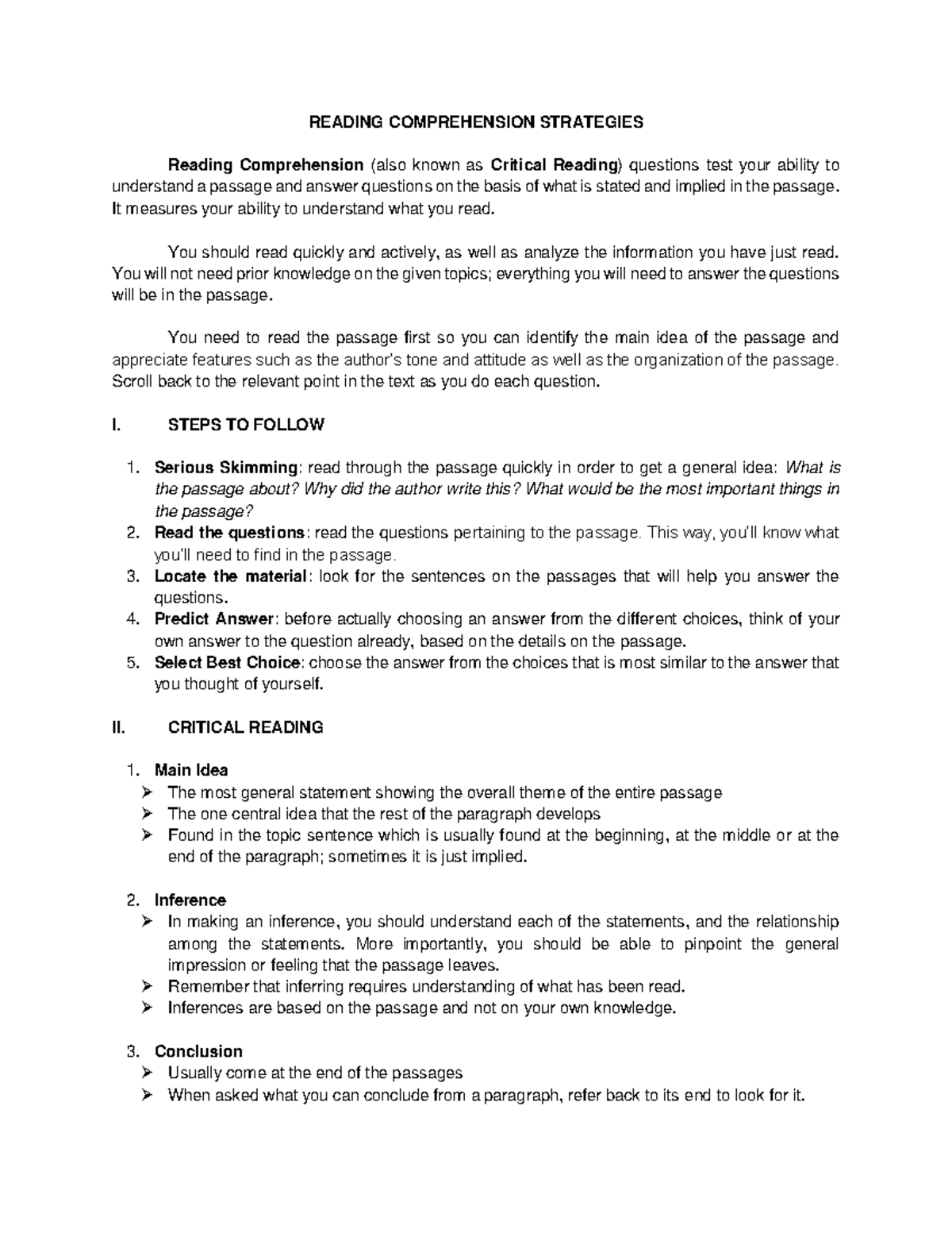 MAIN Handouts 2 - READING COMPREHENSION STRATEGIES Reading ...
