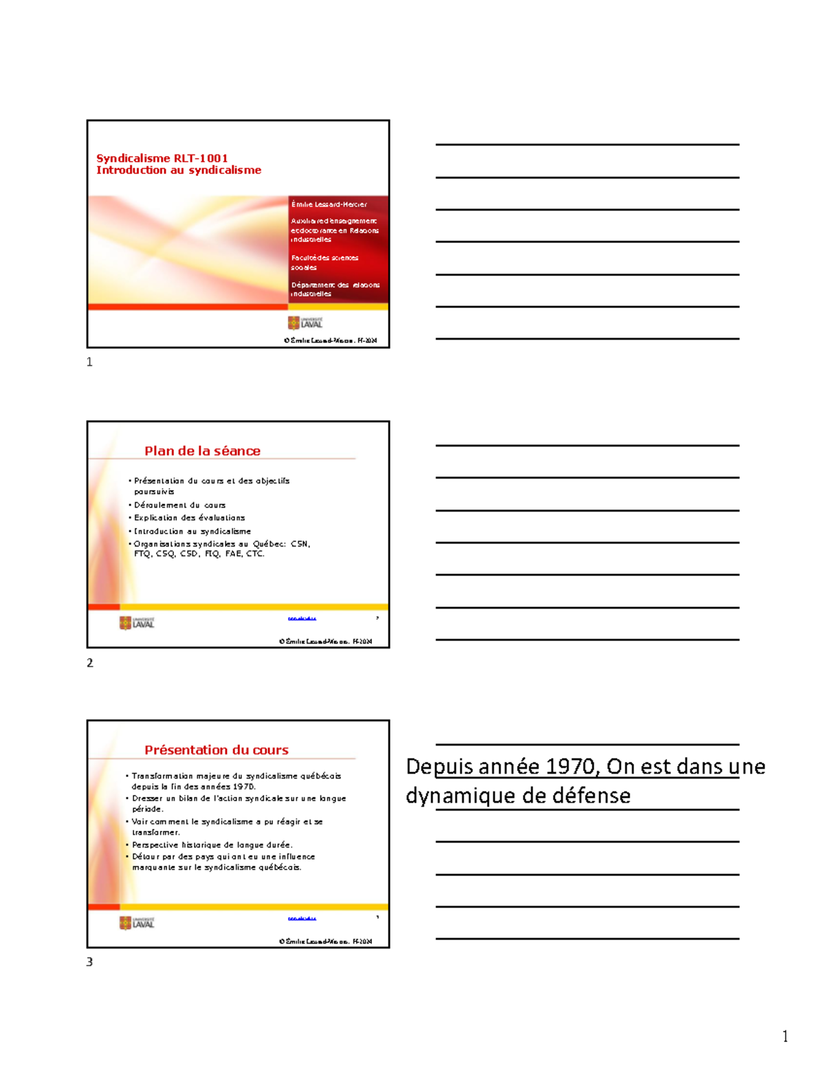 Séance 1 (3 diapos) - Syndicalisme RLT- 1001 Introduction au ...