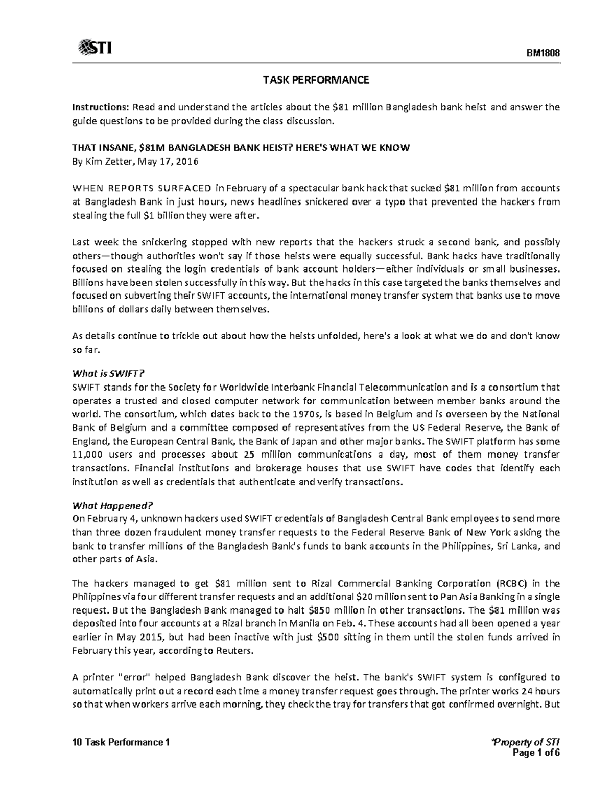 10 Task Performance 1 - none - 10 Task Performance 1 *Property of STI ...