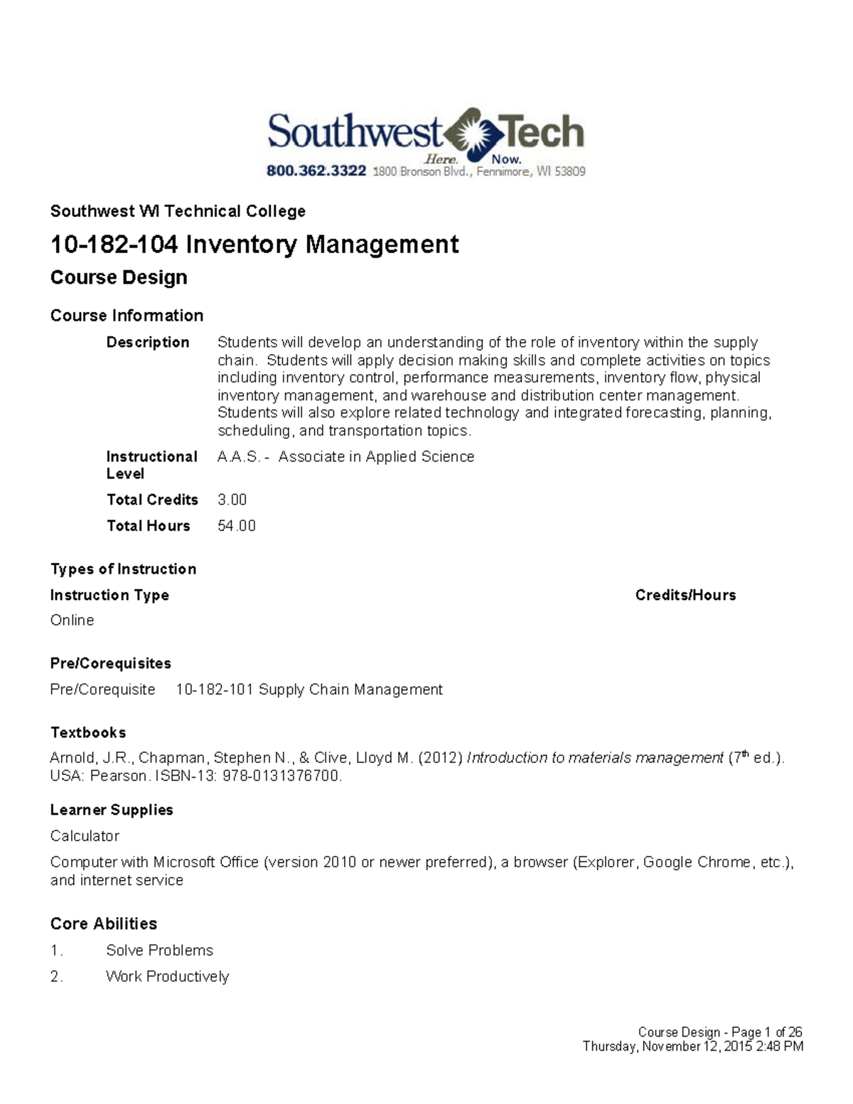 SWTC 10-182-104 Course Design - Southwest WI Technical College 10-182 ...