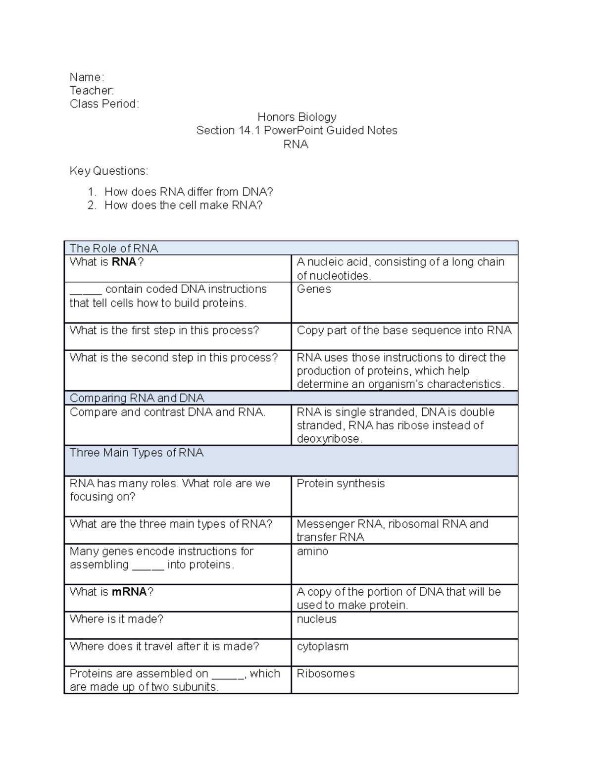 14.1 Biology RNA Guided Notes - Name: Teacher: Class Period: Honors ...