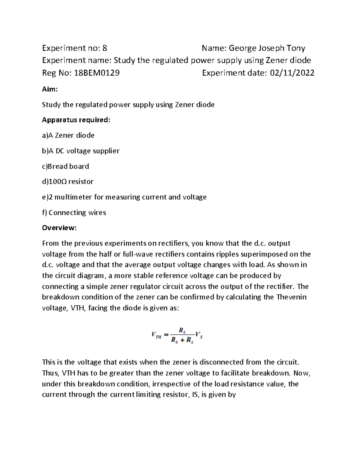 18BEM0129 EXP8 BEEE - Experiment no: 8 Name: George Joseph Tony Experiment name: Study the ...