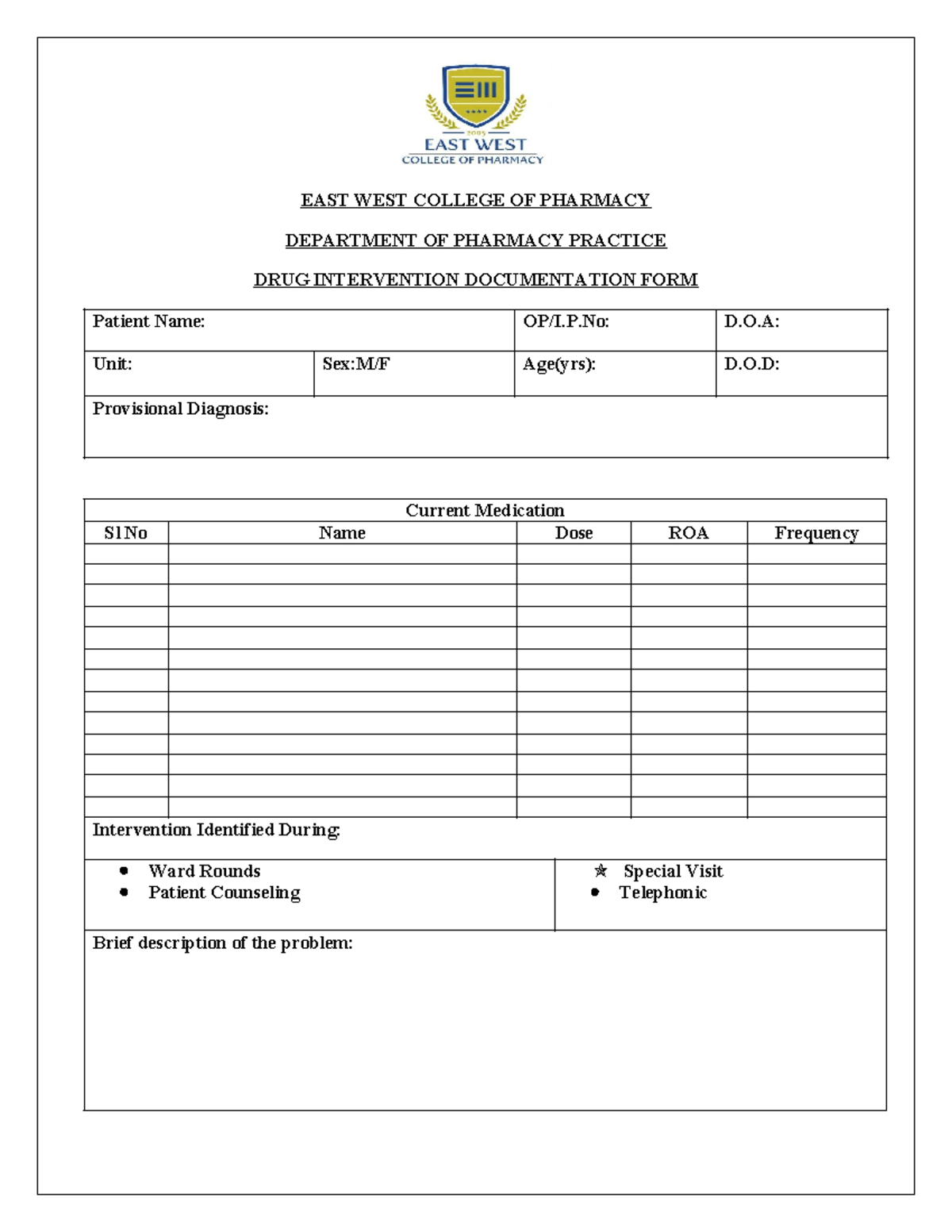 8. Drug Intervention Documentation Form - EAST WEST COLLEGE OF PHARMACY ...