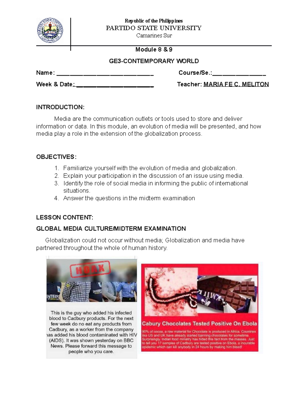 Module 7 Global Media Culture Midterm Examination - PARTIDO STATE ...