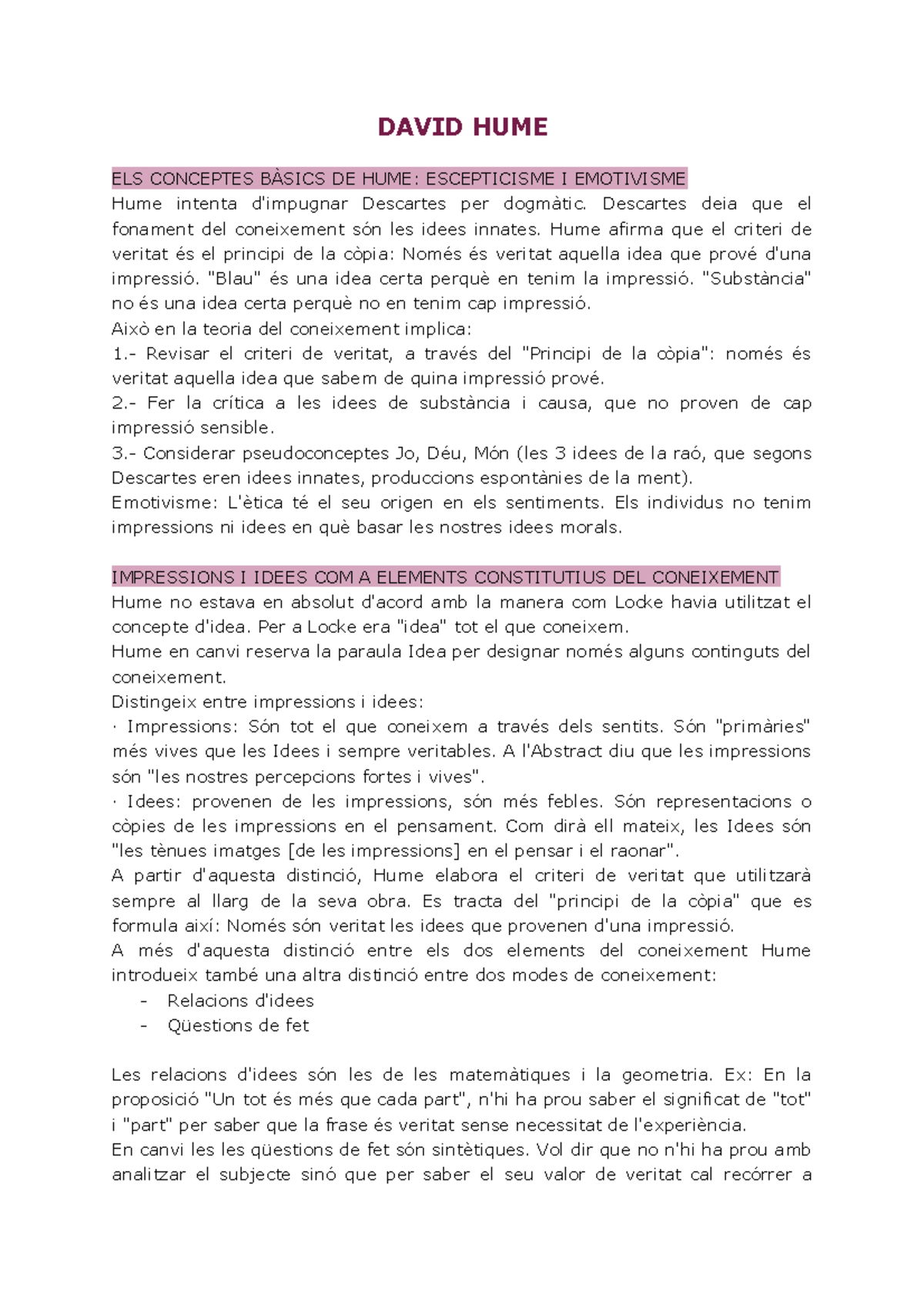 Apunts hume - DAVID HUME ELS CONCEPTES BÀSICS DE HUME: ESCEPTICISME I ...