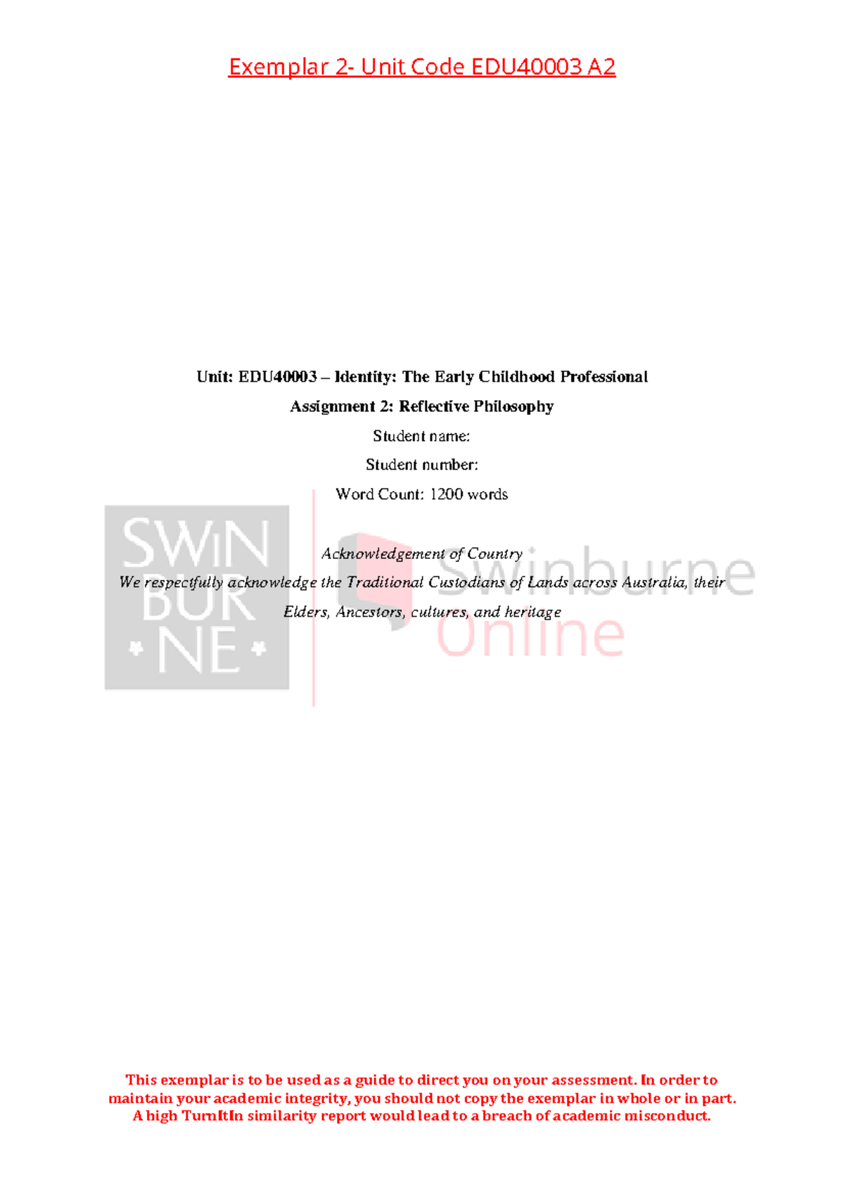 EDU40003 A2 Exemplar 2 padlet - This exemplar is to be used as a guide ...