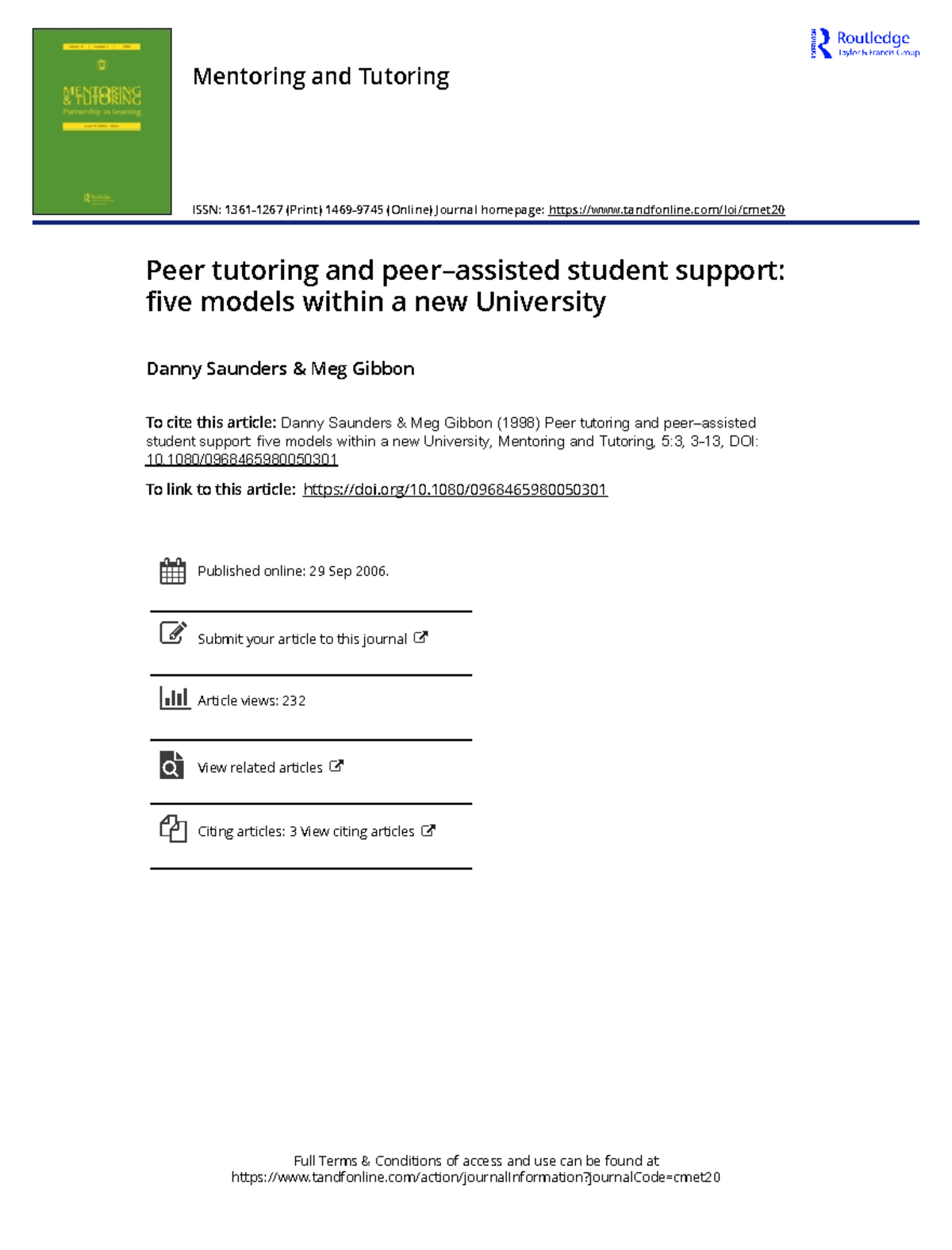 Peer tutoring and peer assisted student support five models within a ...