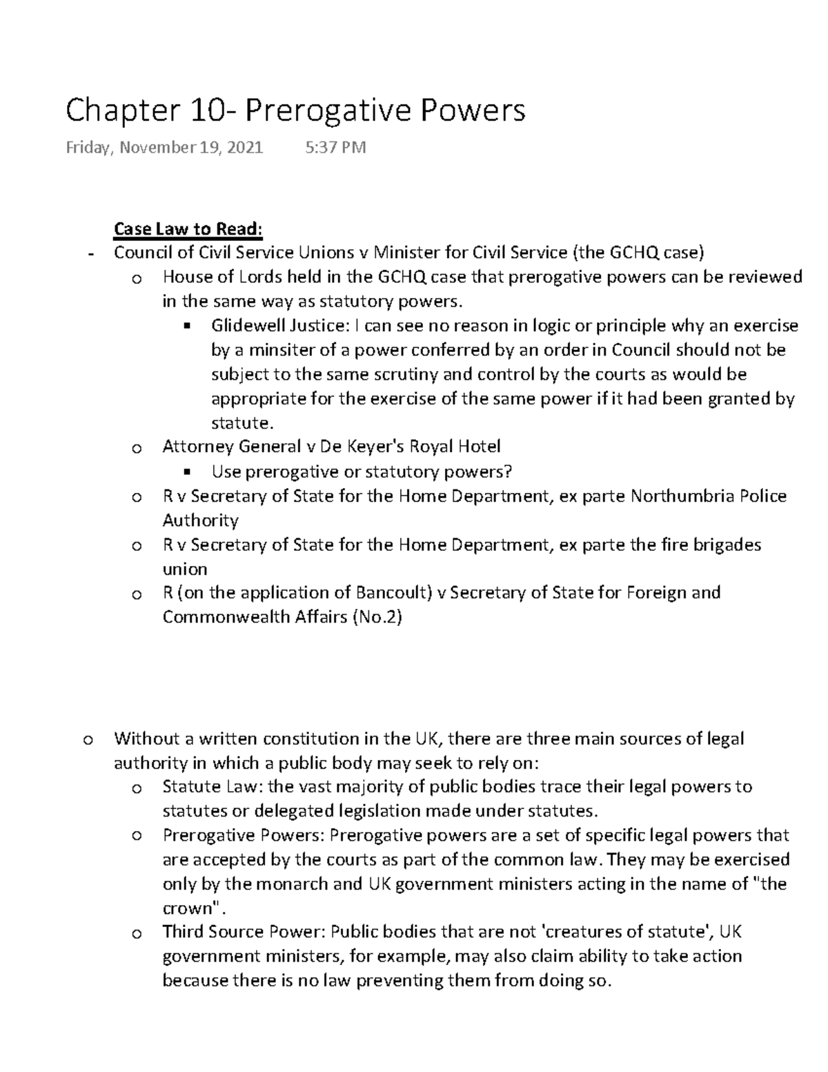 Chapter 10- Prerogative Powers - Case Law to Read: Council of Civil ...