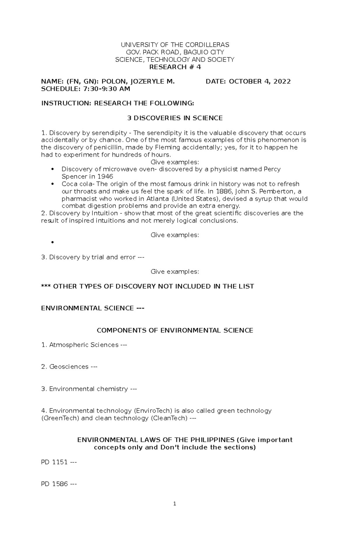 Assignment # 4 Environmental Science AND DOST Agenda - UNIVERSITY OF ...