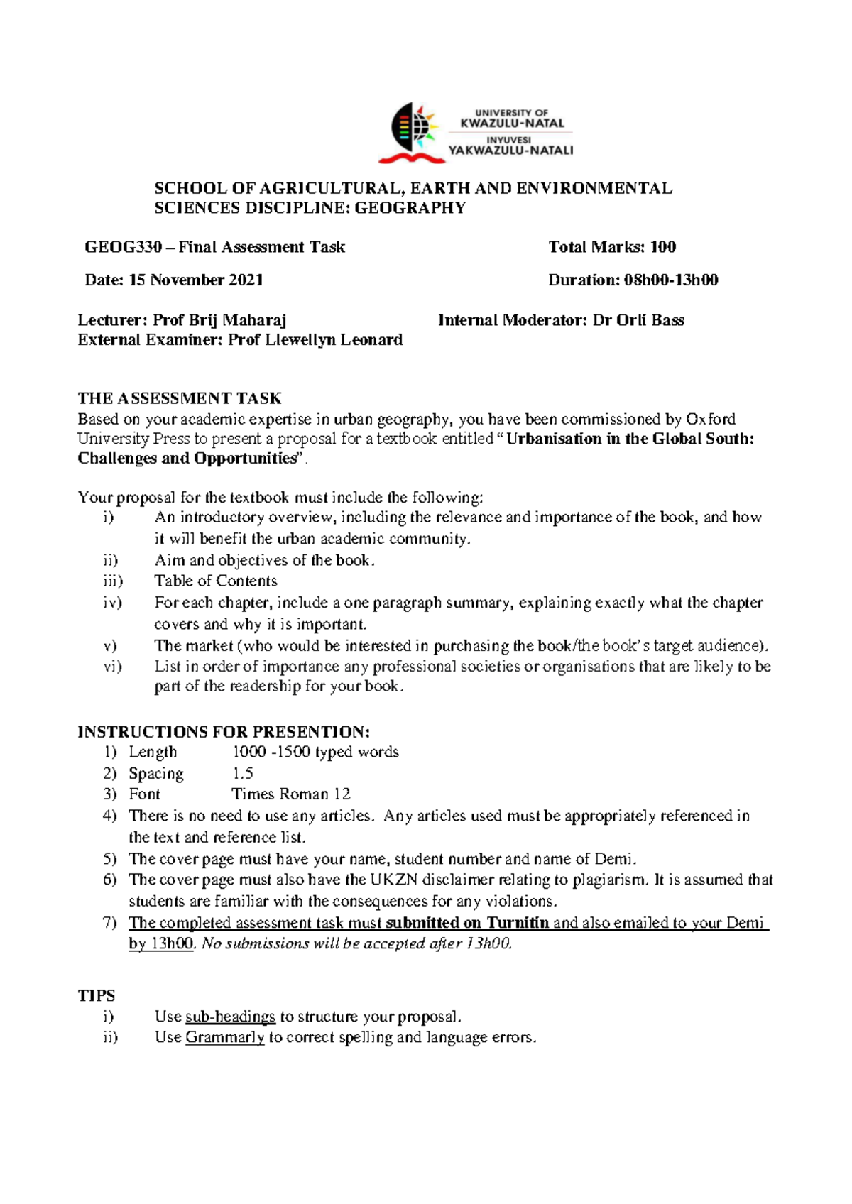 Geog 330 Final Assessment 2021 - SCHOOL OF AGRICULTURAL, EARTH AND ...