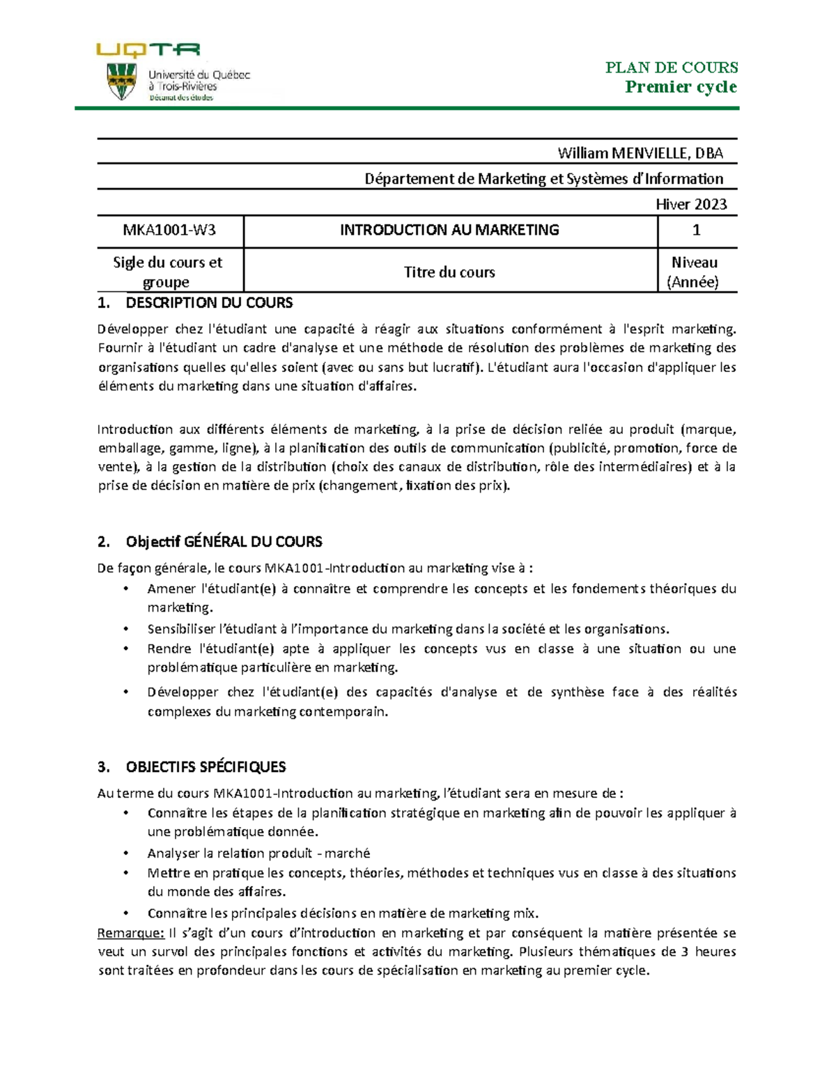 Plan de cours MKA1001-W3 hiv. 2023 - William MENVIELLE, DBA Département ...