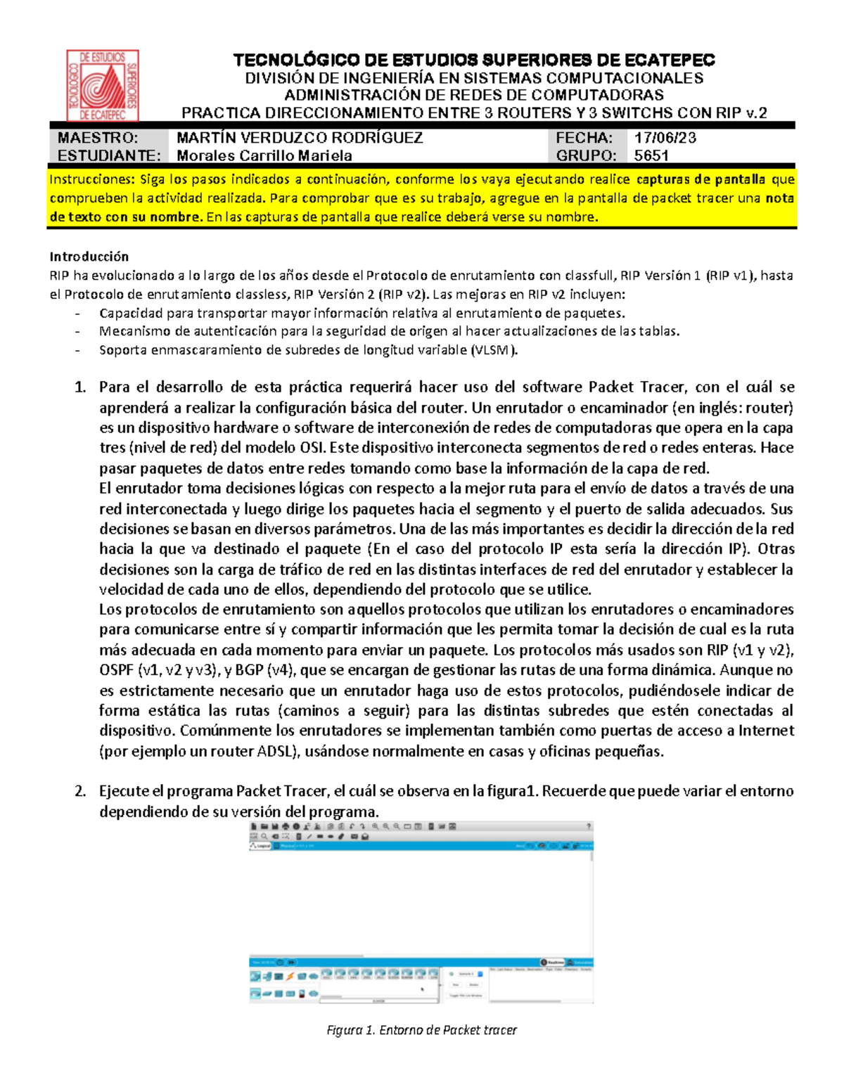 Actividad 1. Práctica de Configuraciónde Router con RIPv2 - TECNOL”GICO DE ESTUDIOS SUPERIORES ...