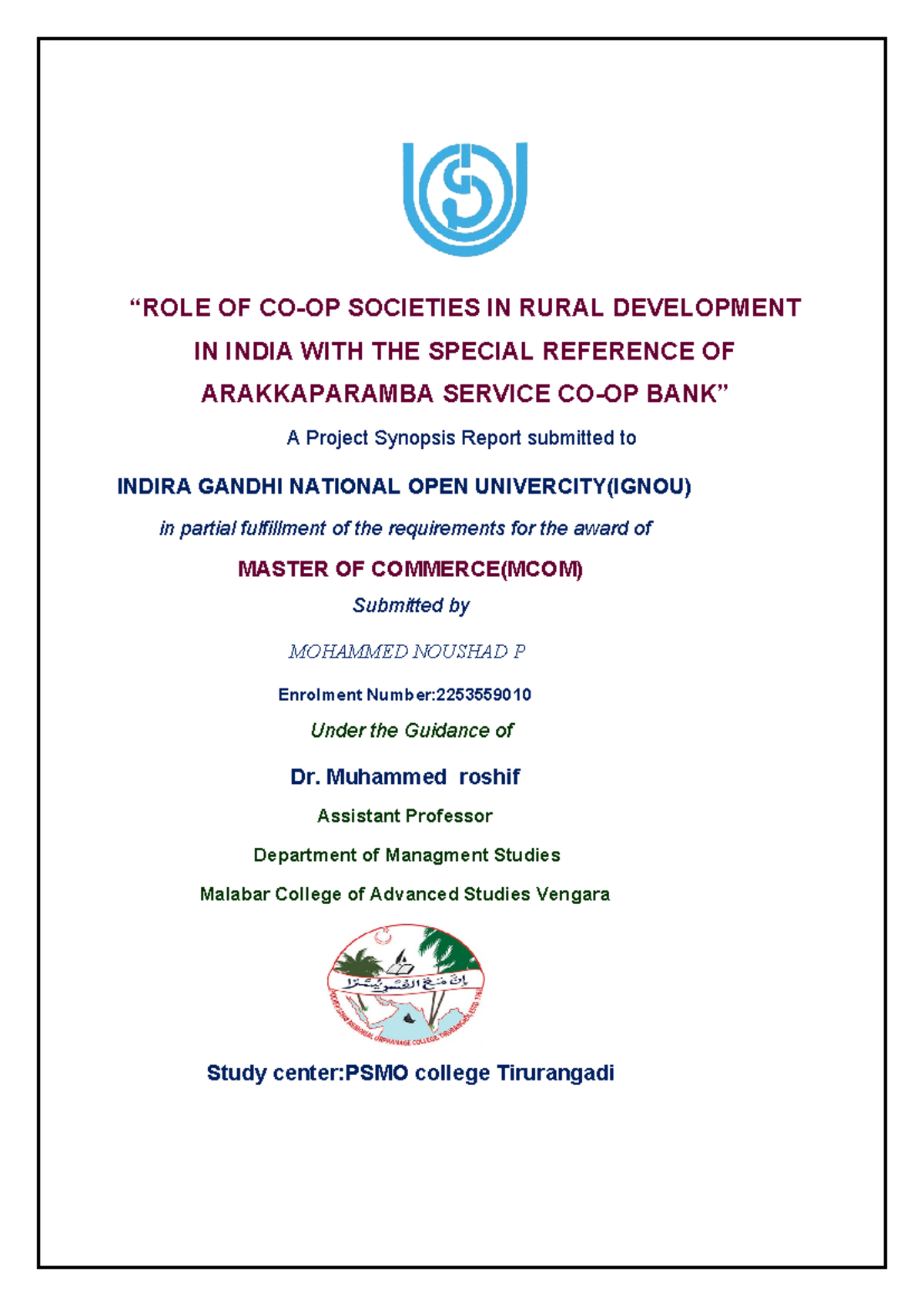 Murshida word - Project report - “ROLE OF CO-OP SOCIETIES IN RURAL ...