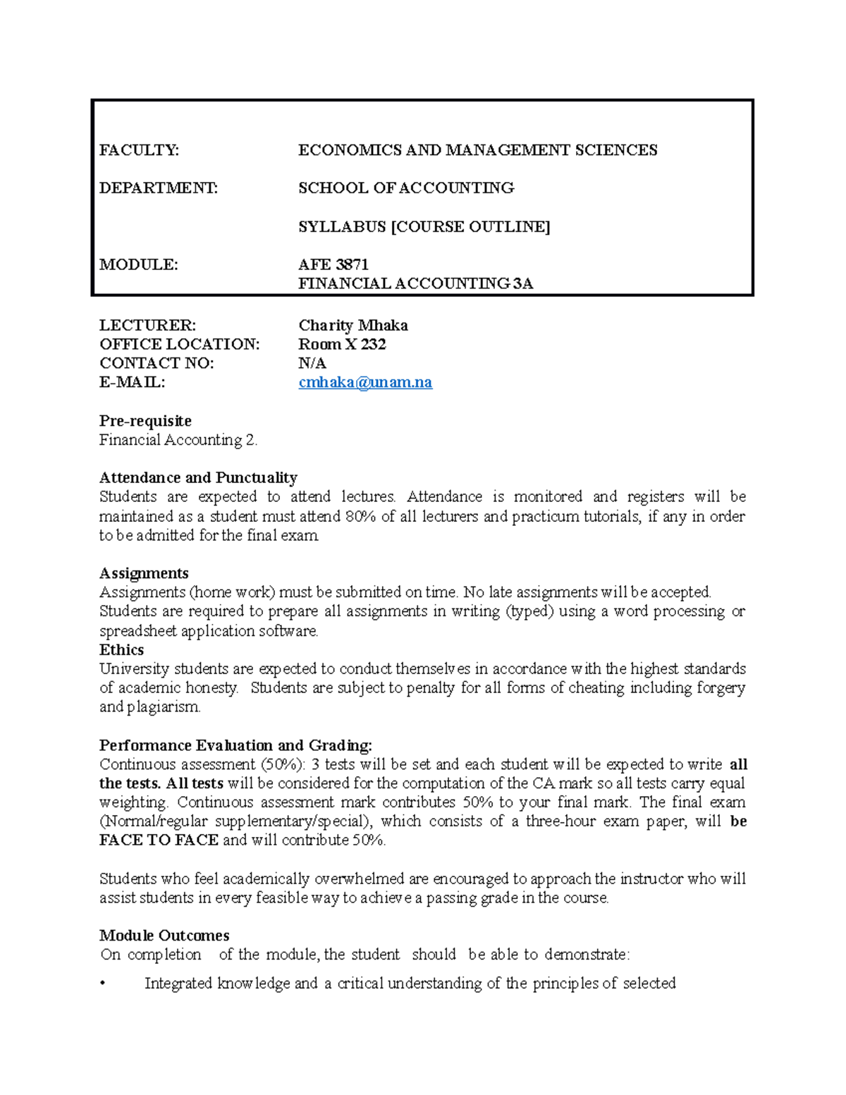 Financial Accounting 3A Course Outline ( Final) - FACULTY: ECONOMICS ...
