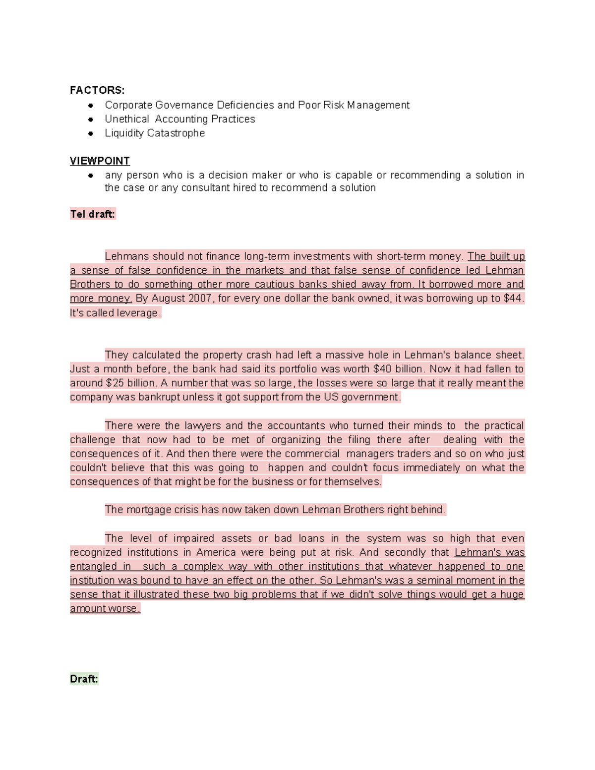 Case Study Viewpoint, Assumption, Analysis - FACTORS: Corporate ...