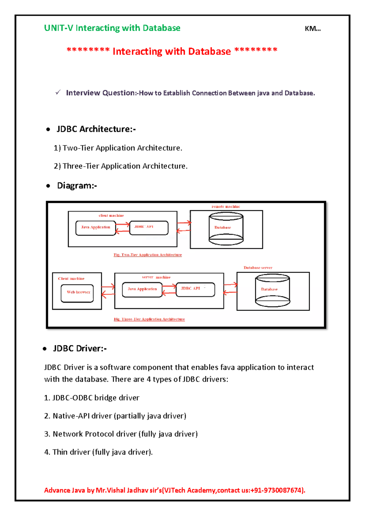 UNIT-V Notes Advance Java - ******** Interacting with Database ...