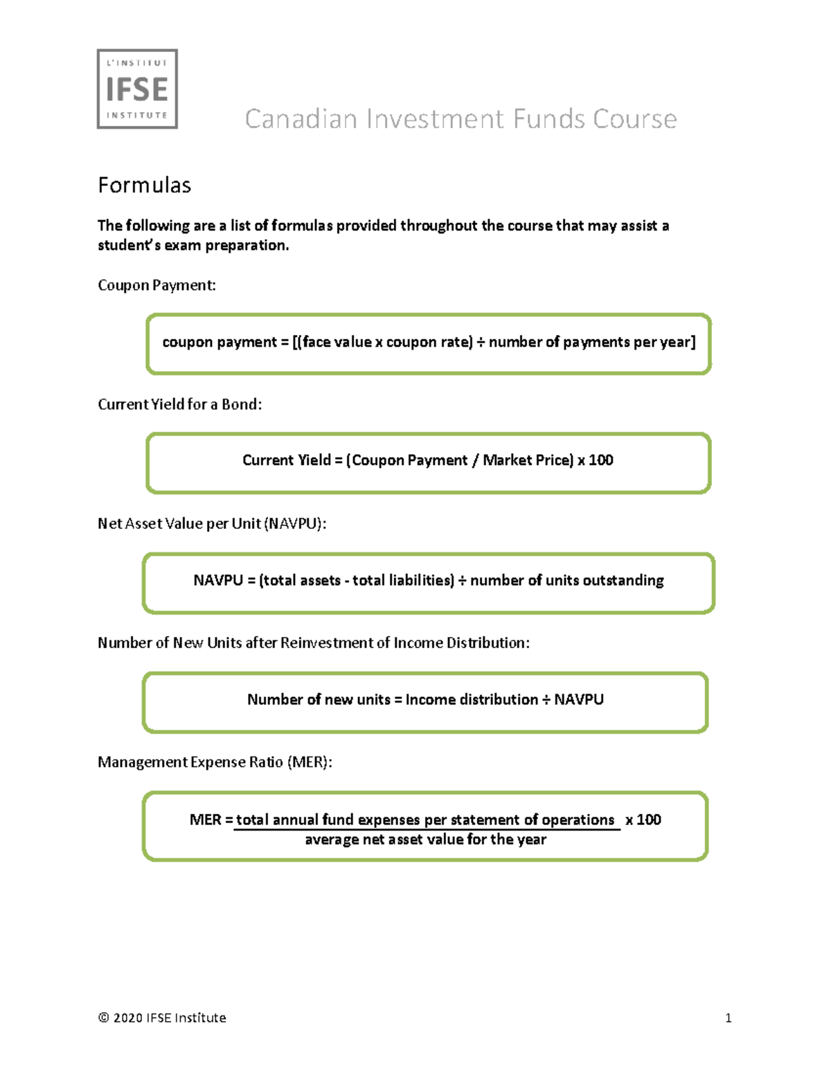 CIFC 2020 Formulas - Notes - Formulas The following are a list of ...