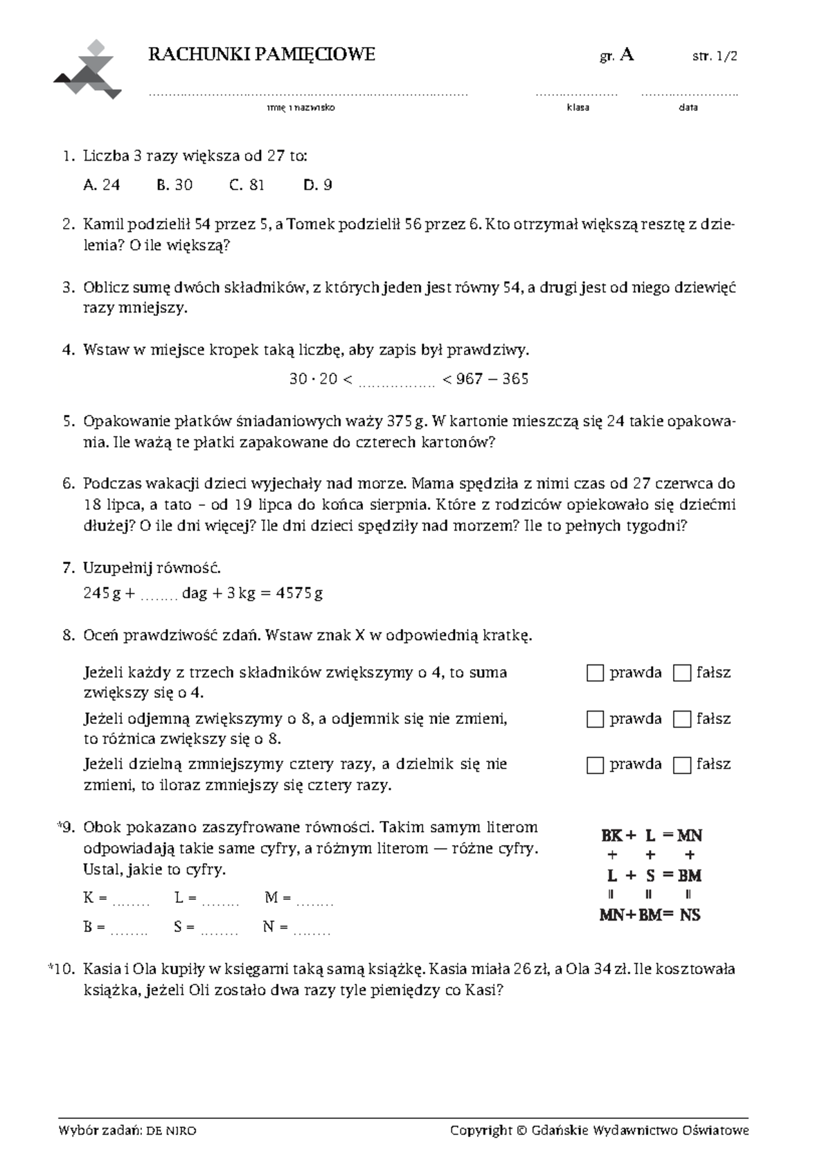 Rachunki pamięciowe - matematyka klasa 5 - RACHUNKI PAMIĘCIOWE - Studocu