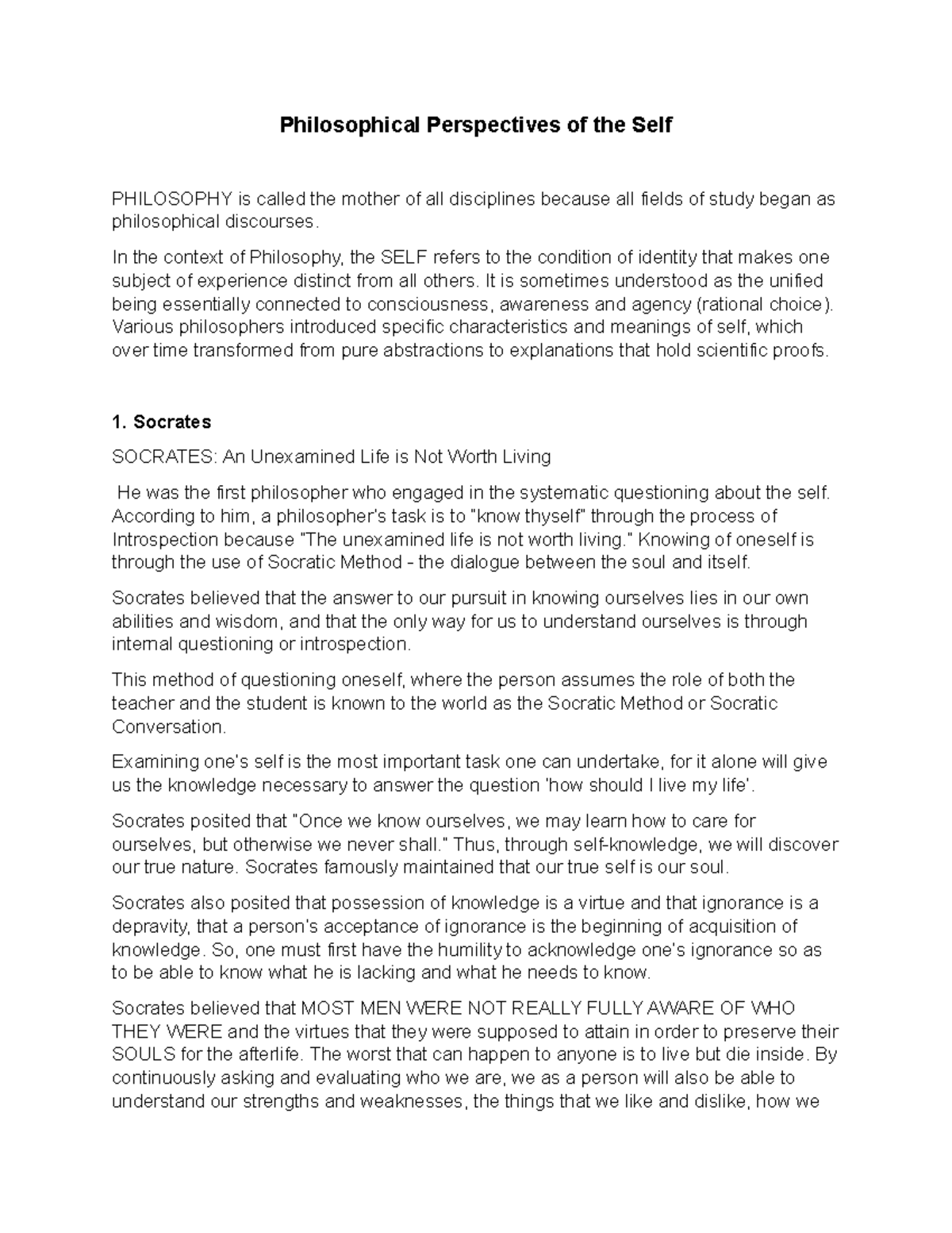 Notes Philosophical Perspective of the Self - Philosophical ...