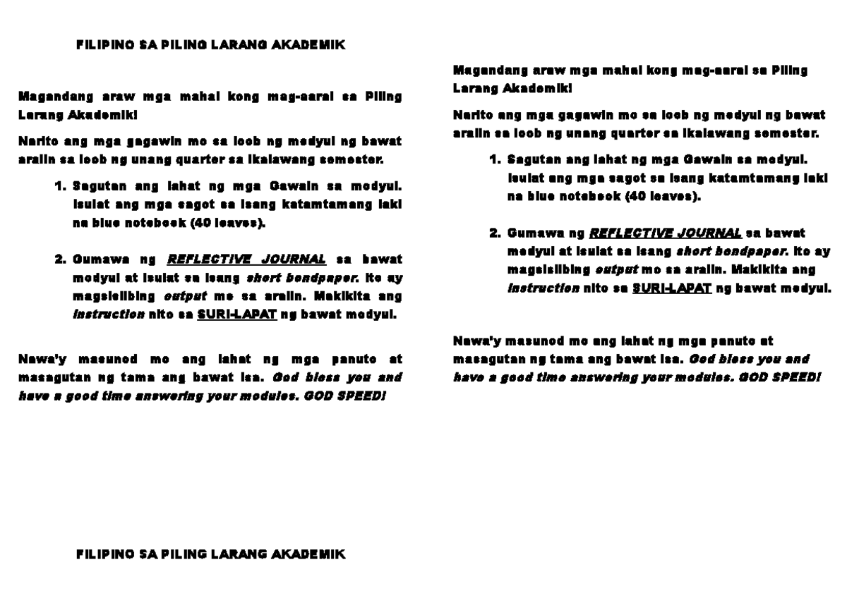 Filipino SA Piling Larang Akademik- Instruction - FILIPINO SA PILING ...