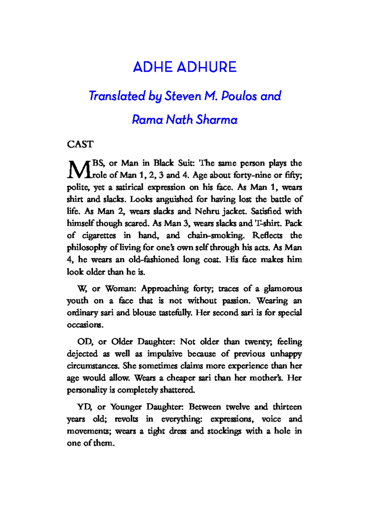 Mohan Rakesh - Aadhe Adhure (trans R M Poulos & S N Sharma) - M ADHE ...