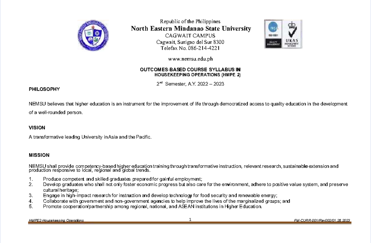 Housekeeping - For BTVTED students - 11 Republic of the ...