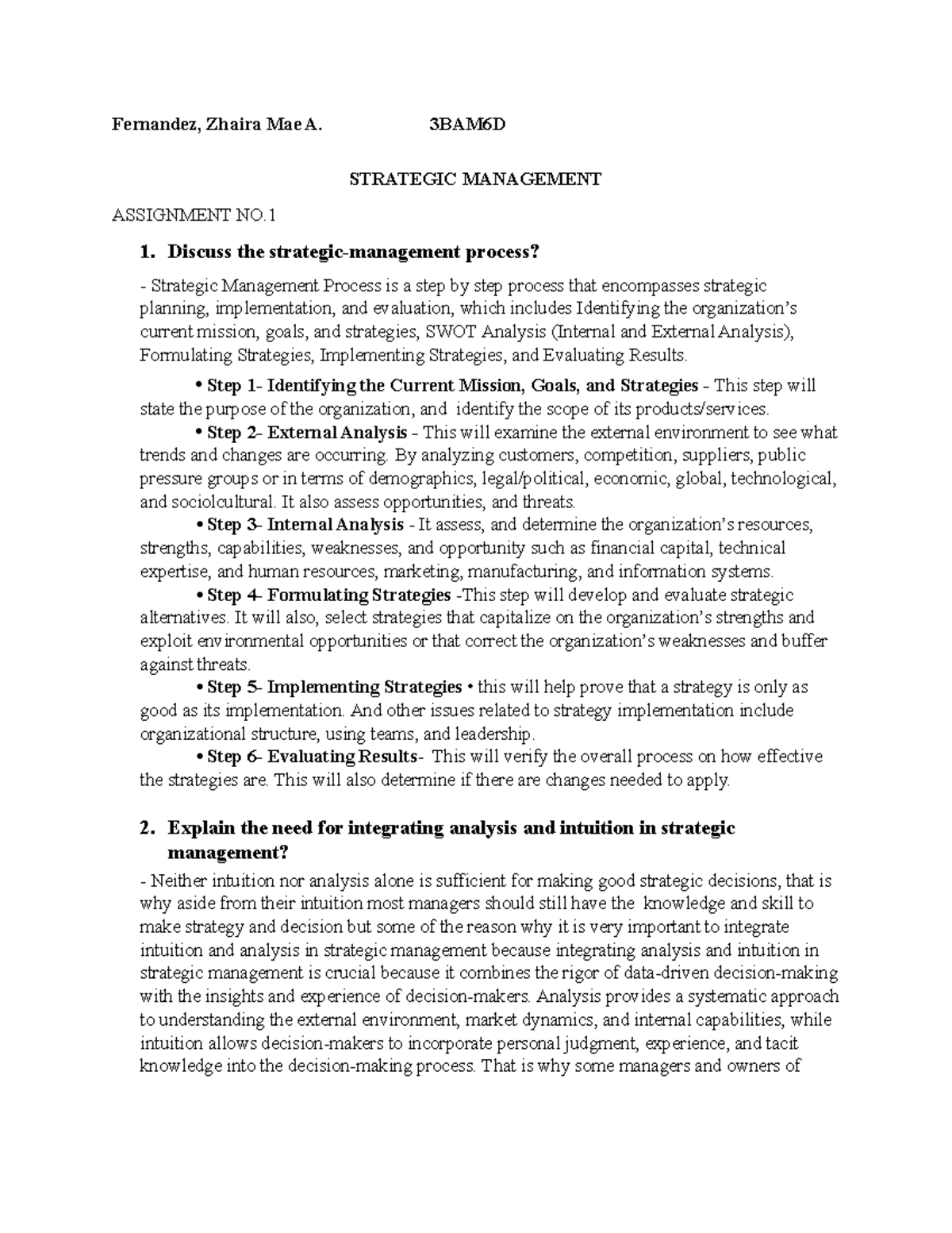 Strategic Management - Fernandez, Zhaira Mae A. 3BAM6D STRATEGIC ...